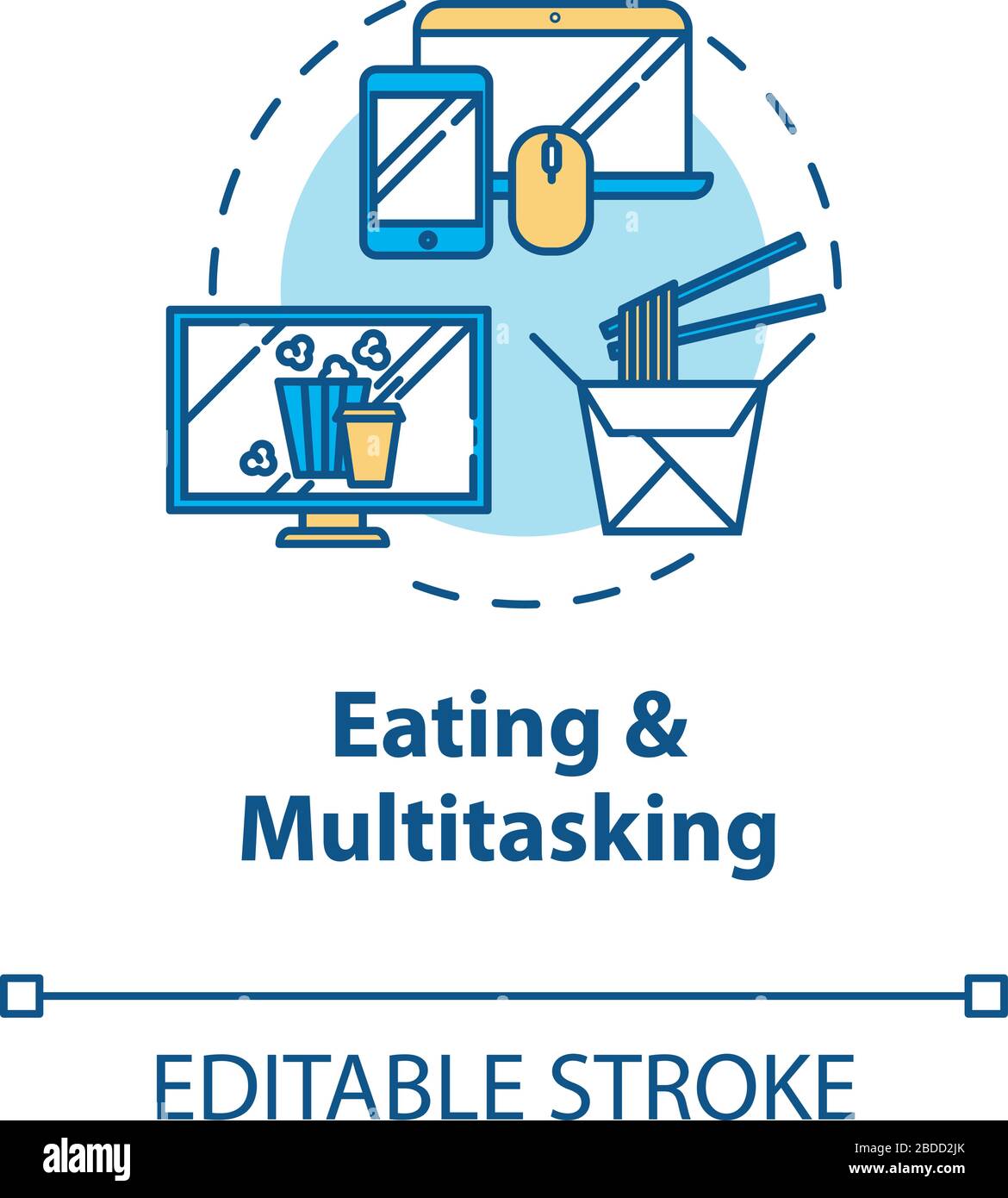 Eating and multitasking concept icon. Conscious nutrition, binge eating ...
