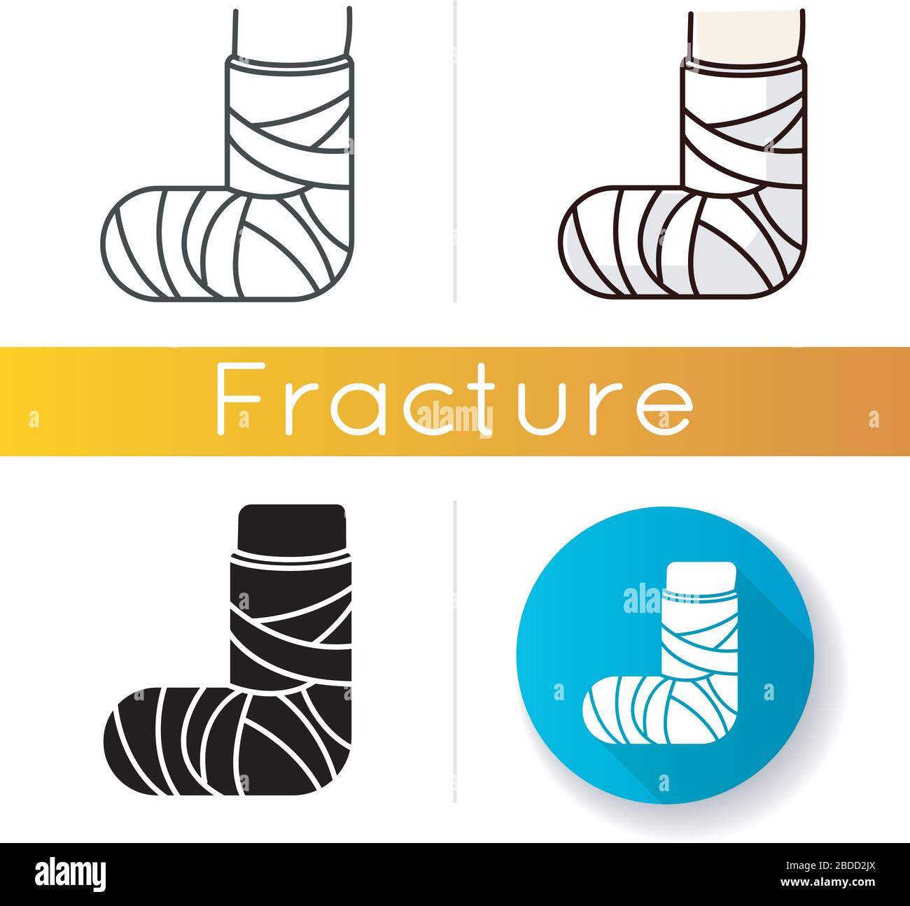 Broken foot icon. Bone fracture. Injured leg in plaster, bandage ...