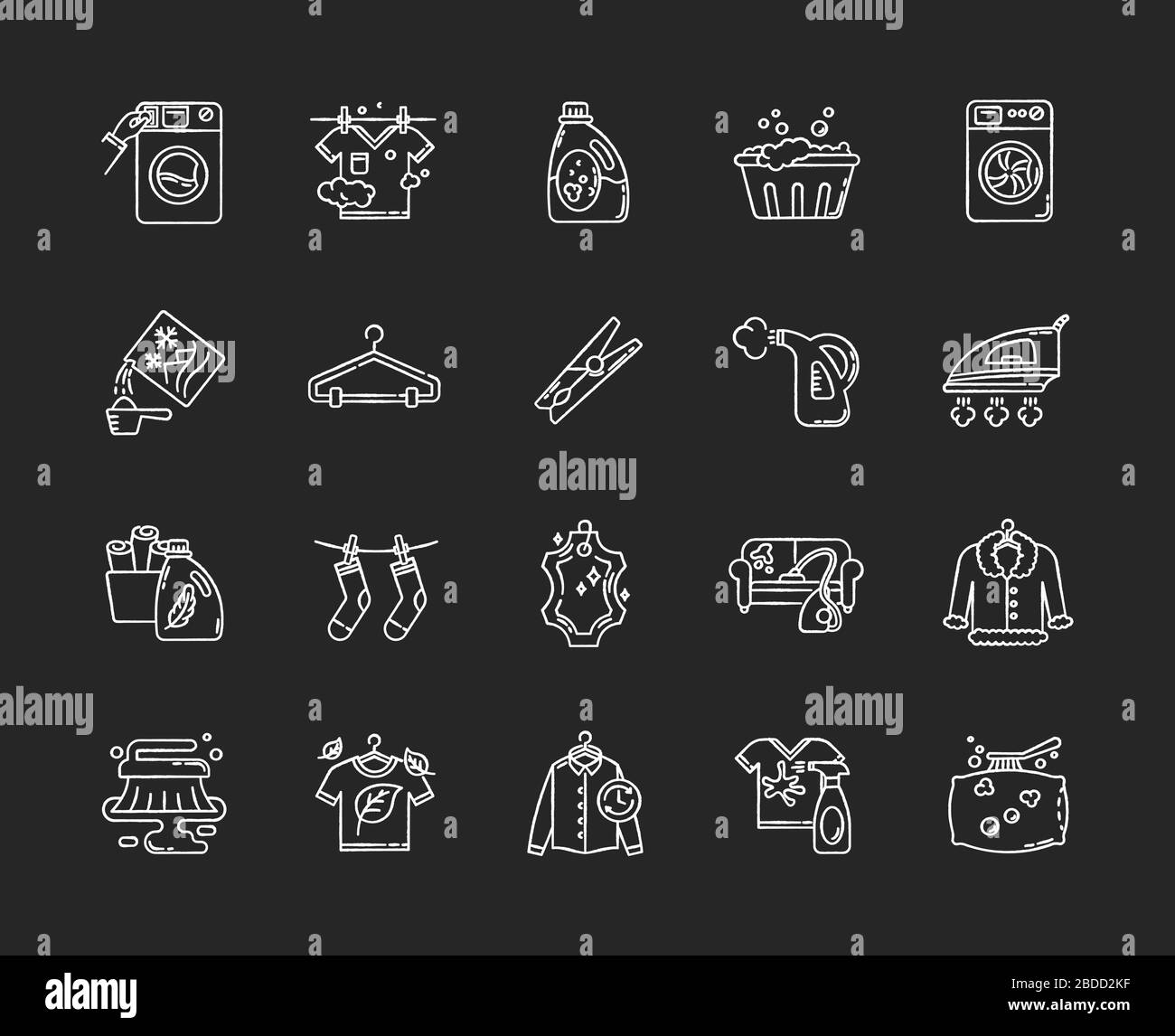 Laundry types and equipment chalk white icons set on black background ...