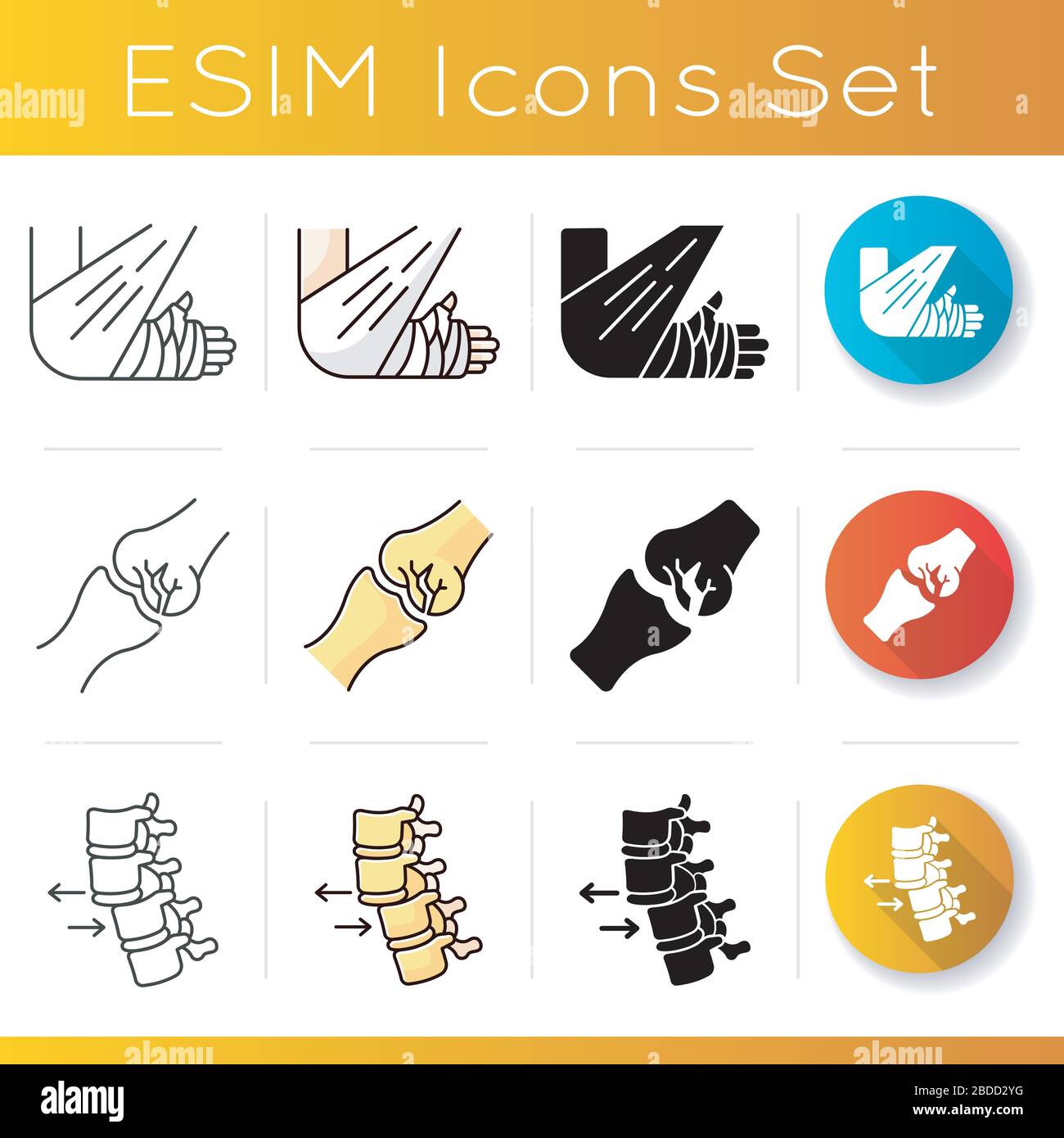 Body injuries icons set. Bone and joint fractures. Arm in bandage ...