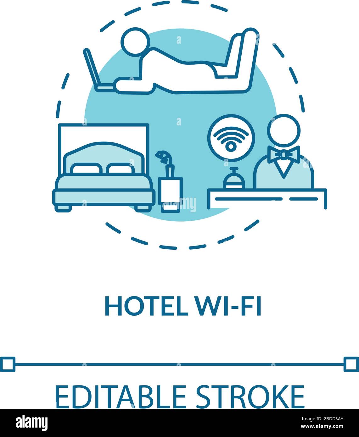 Hotel wi-fi turquoise concept icon. Get room signal with laptop. Free ...