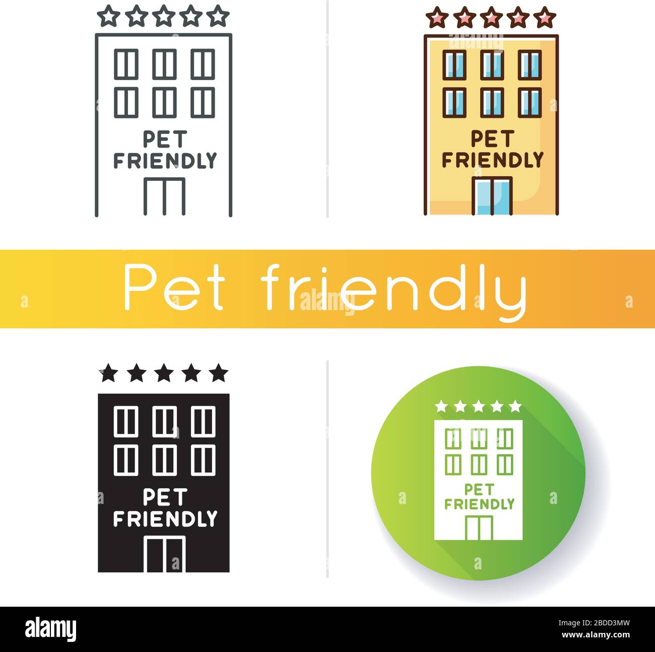 Pet friendly motel exterior icon. Domestic animals welcome five-star ...