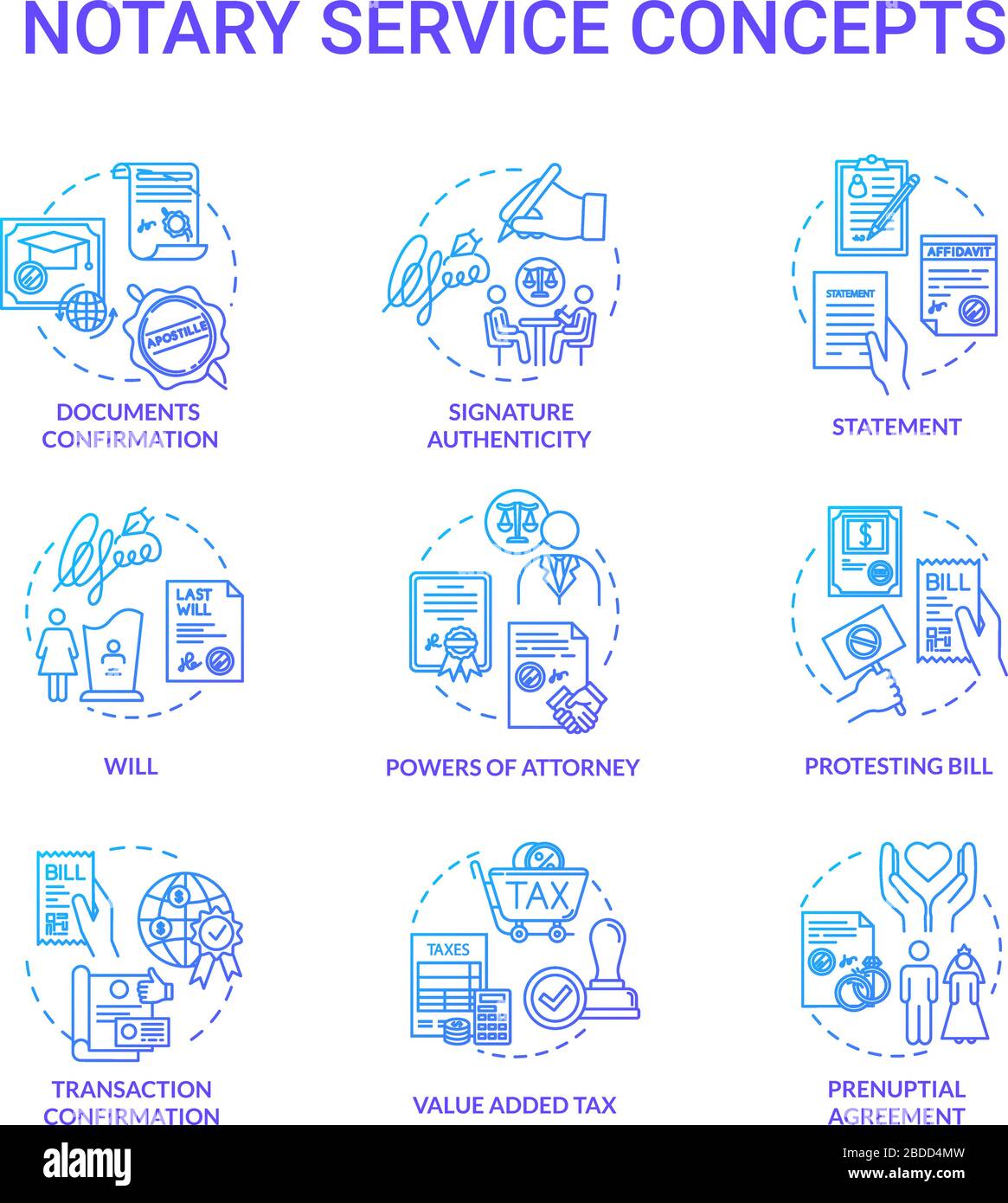 Notary services blue concept icons set. Power of attorney. Legislation ...