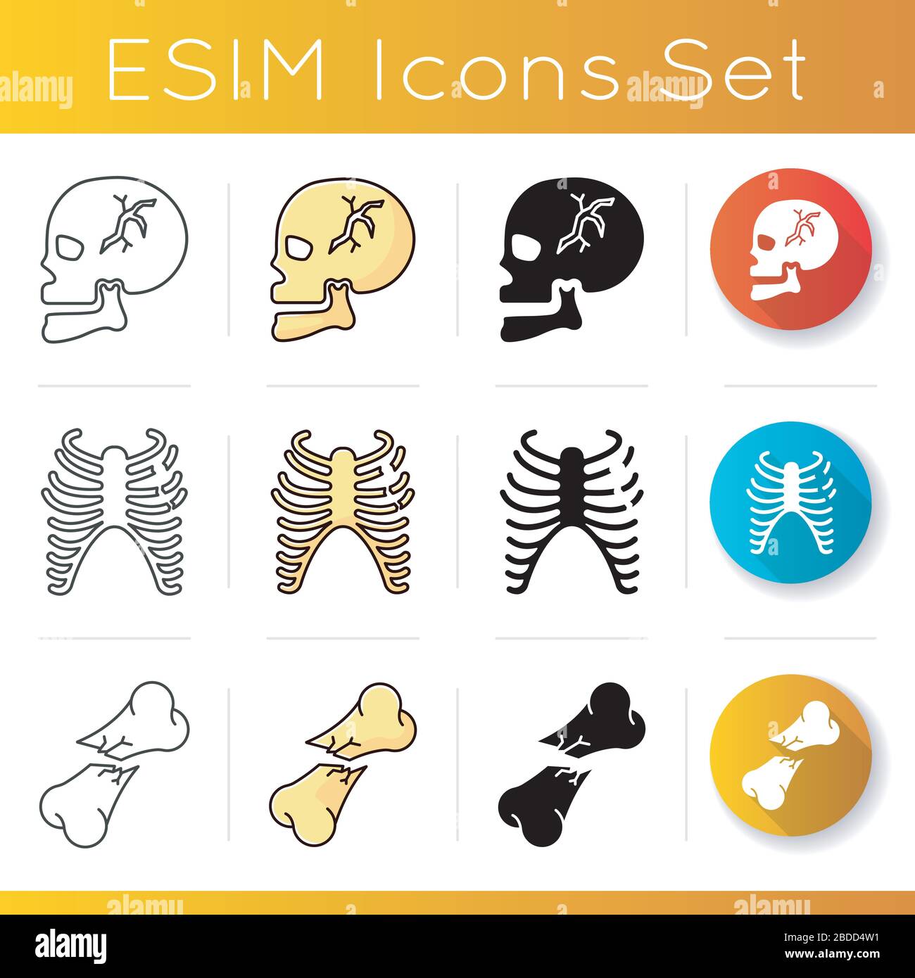 Body part injuries icons set. Rib, bone fracture. Broken skull. Medical ...