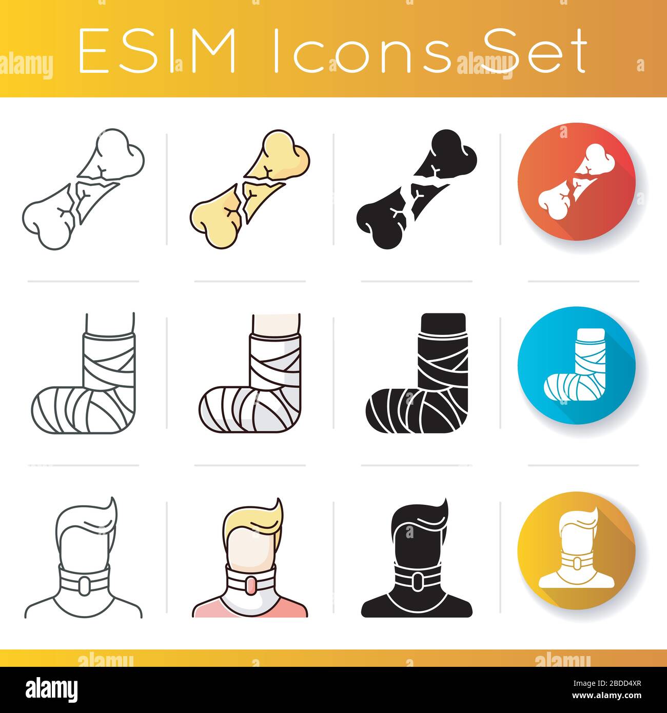 Limb and body injuries icons set. Broken foot. Bone fracture. Broken ...