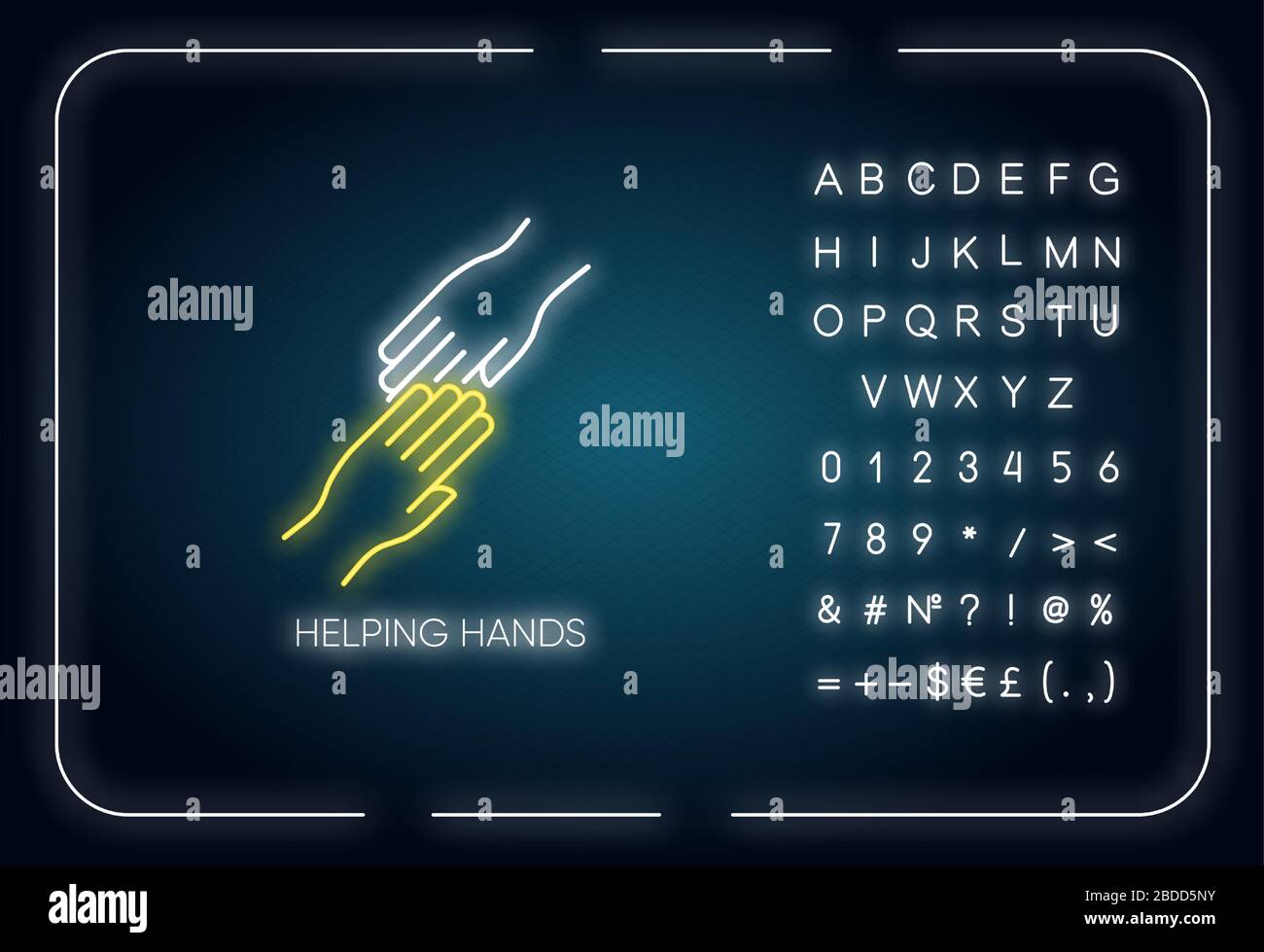Helping hand neon light icon. Outer glowing effect. Sign with alphabet ...