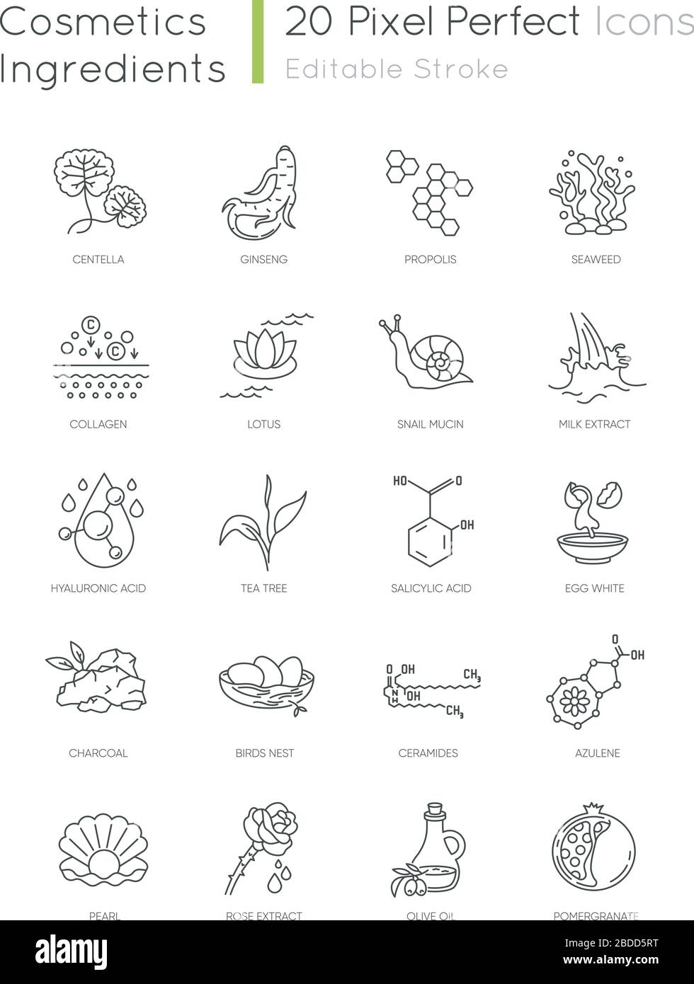 Cosmetic ingredient pixel perfect linear icons set. Exfoliating ...