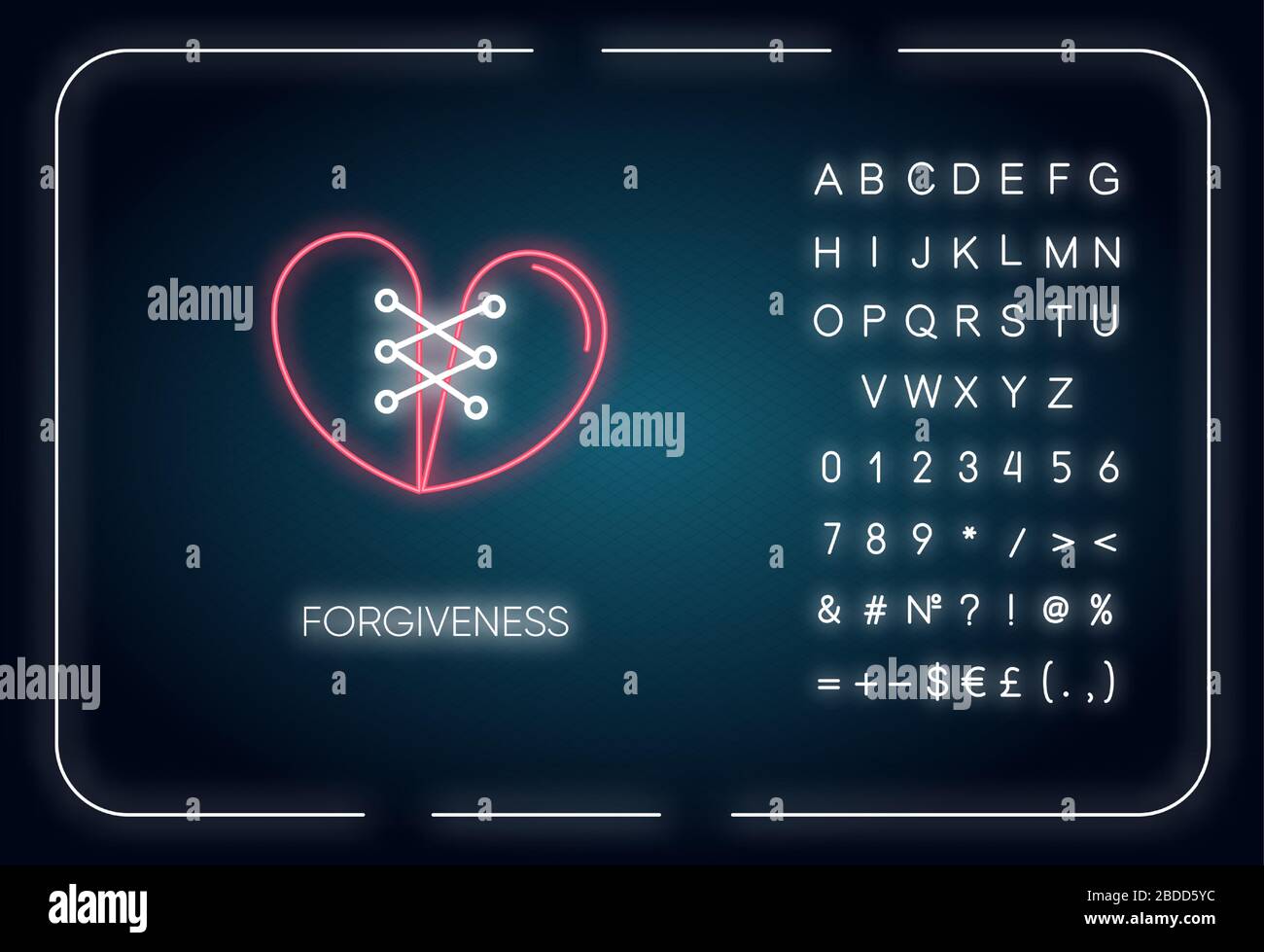 Forgiveness neon light icon. Outer glowing effect. Sign with alphabet ...