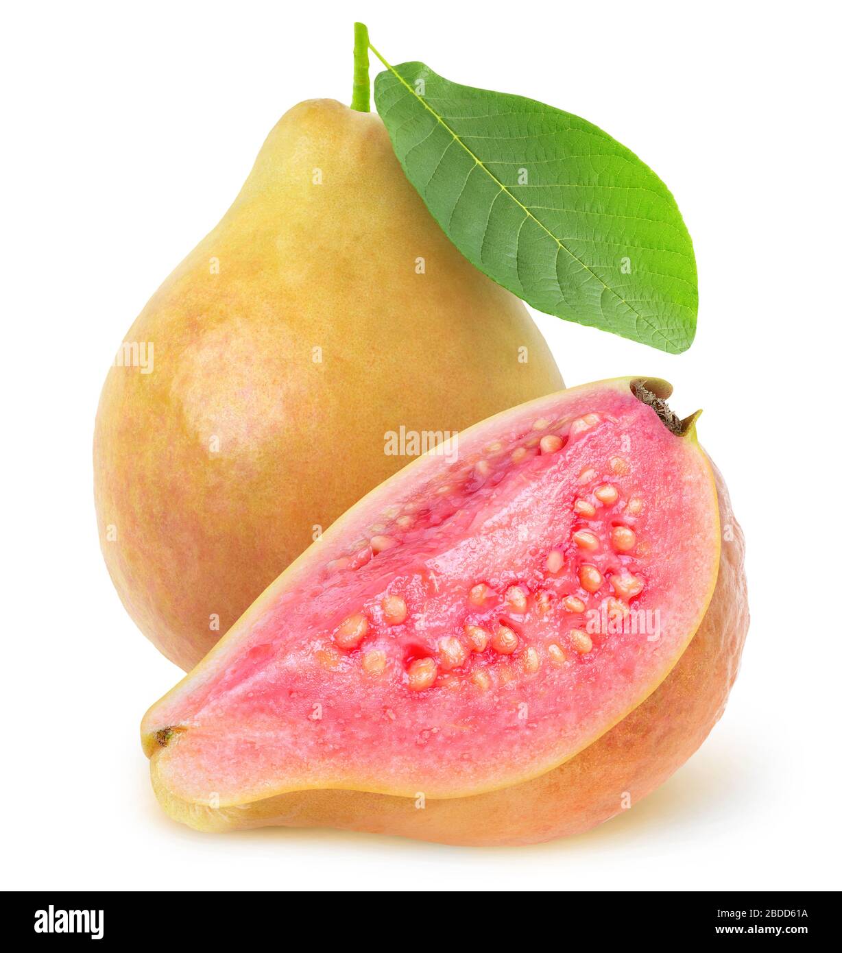 Isolated cut guava fruits. Pink fleshed guava with yellow skin isolated ...