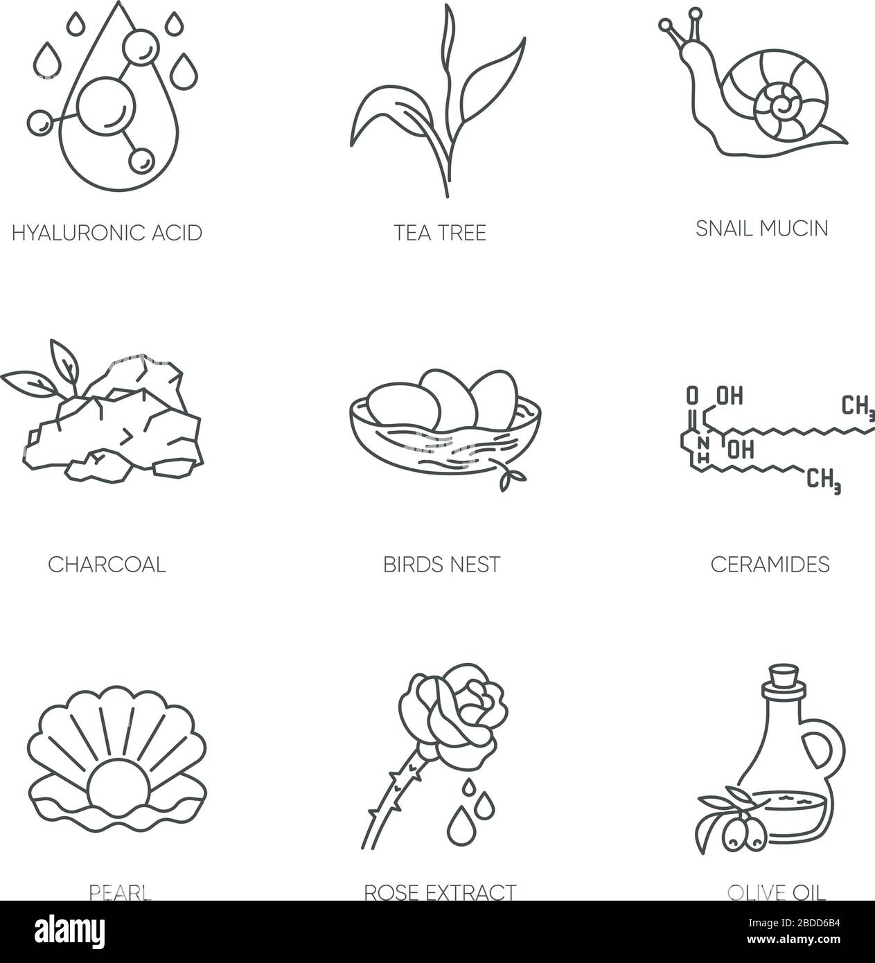 Cosmetic ingredient pixel perfect linear icons set. Chemical formula ...
