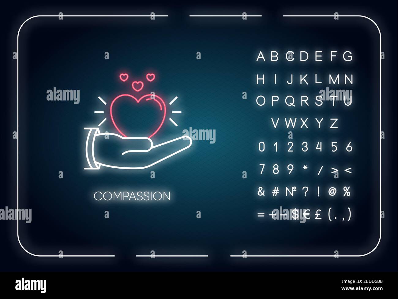 Compassion neon light icon. Outer glowing effect. Sign with alphabet ...