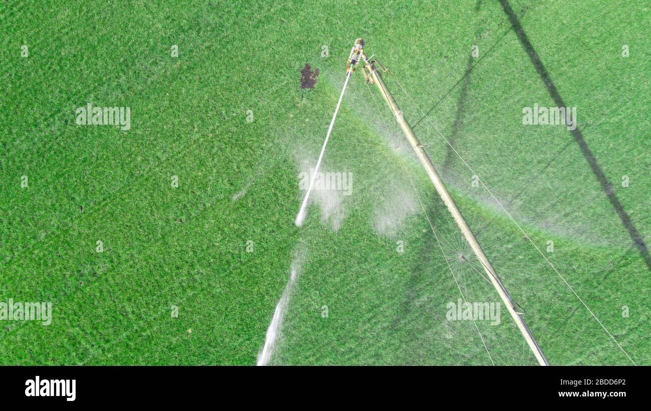 Automated irrigation system on agricultural field. Drone view Stock ...