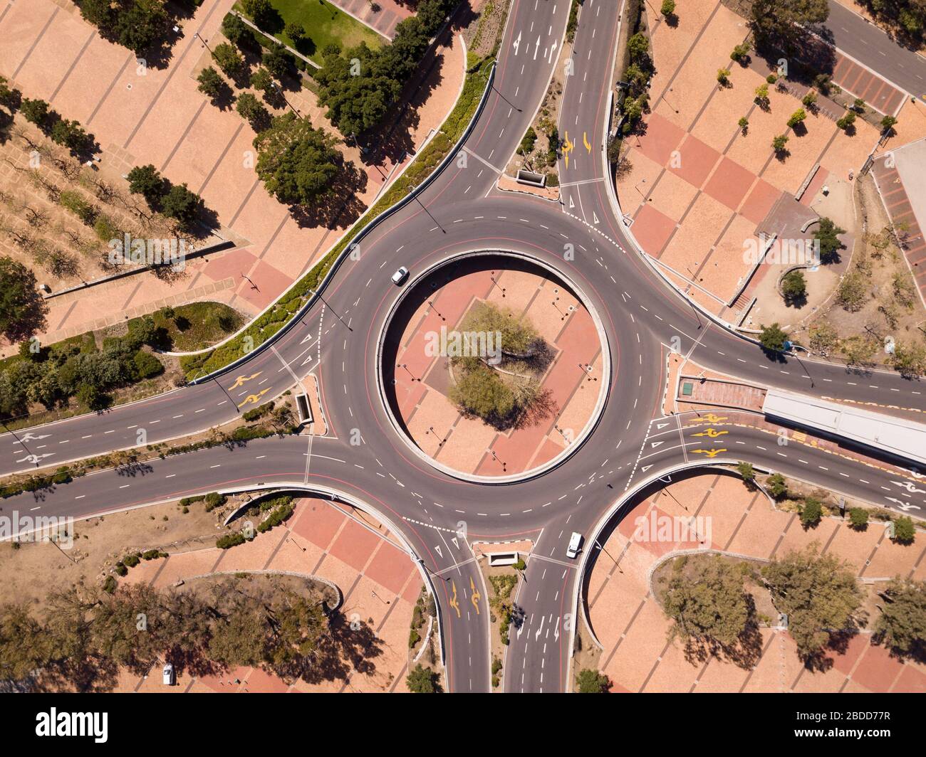 Aerial view over a traffic intersection during Covid-19 lock down, with ...