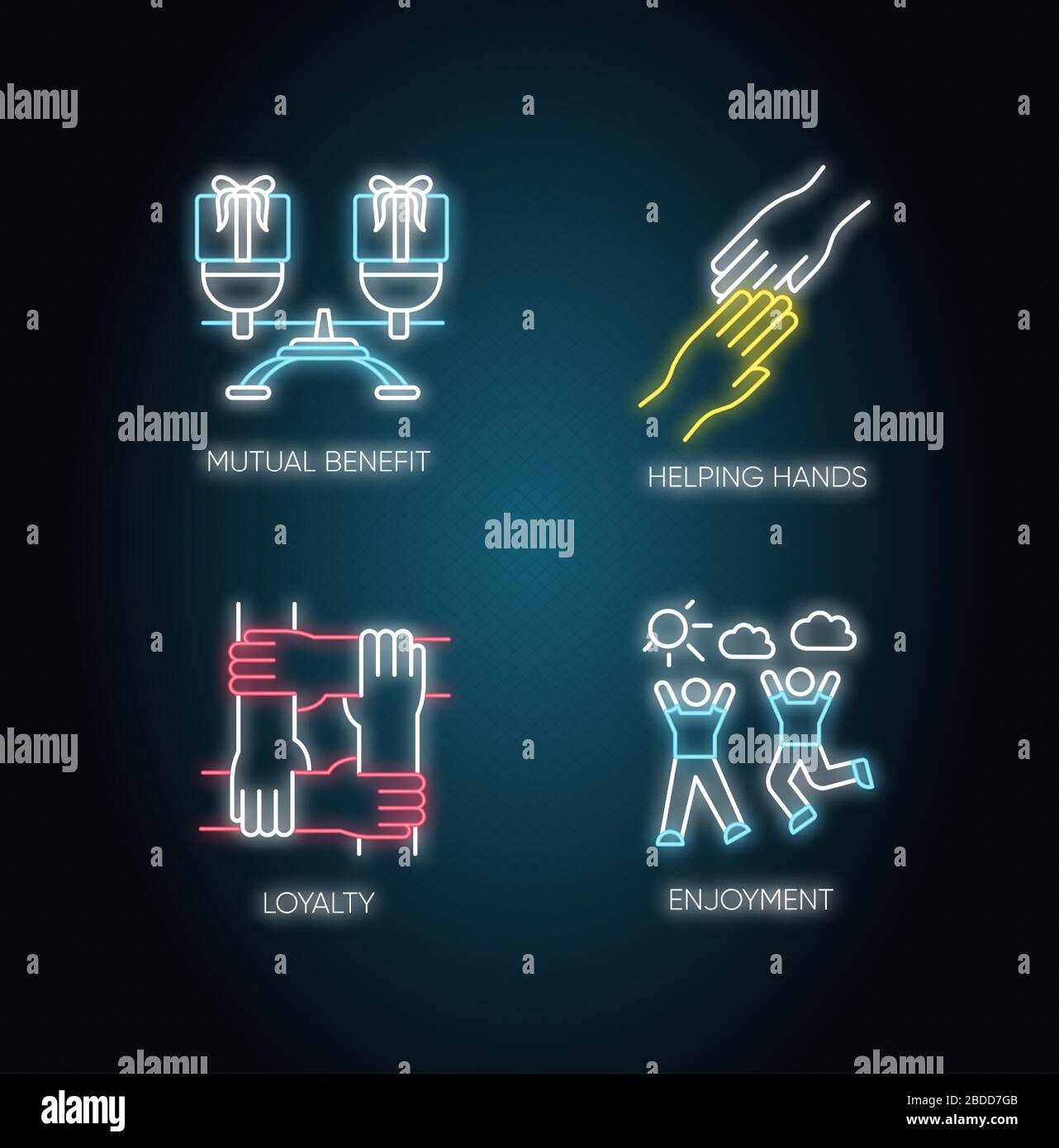 Friends togetherness neon light icons set. Signs with outer glowing ...