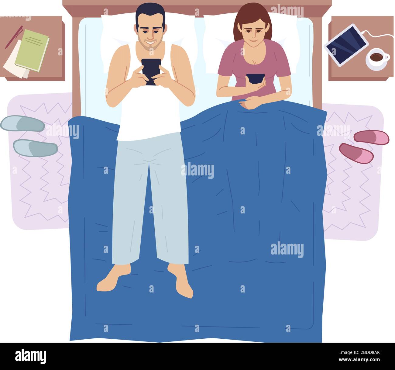 Woman texting bed couple Stock Vector Images - Alamy
