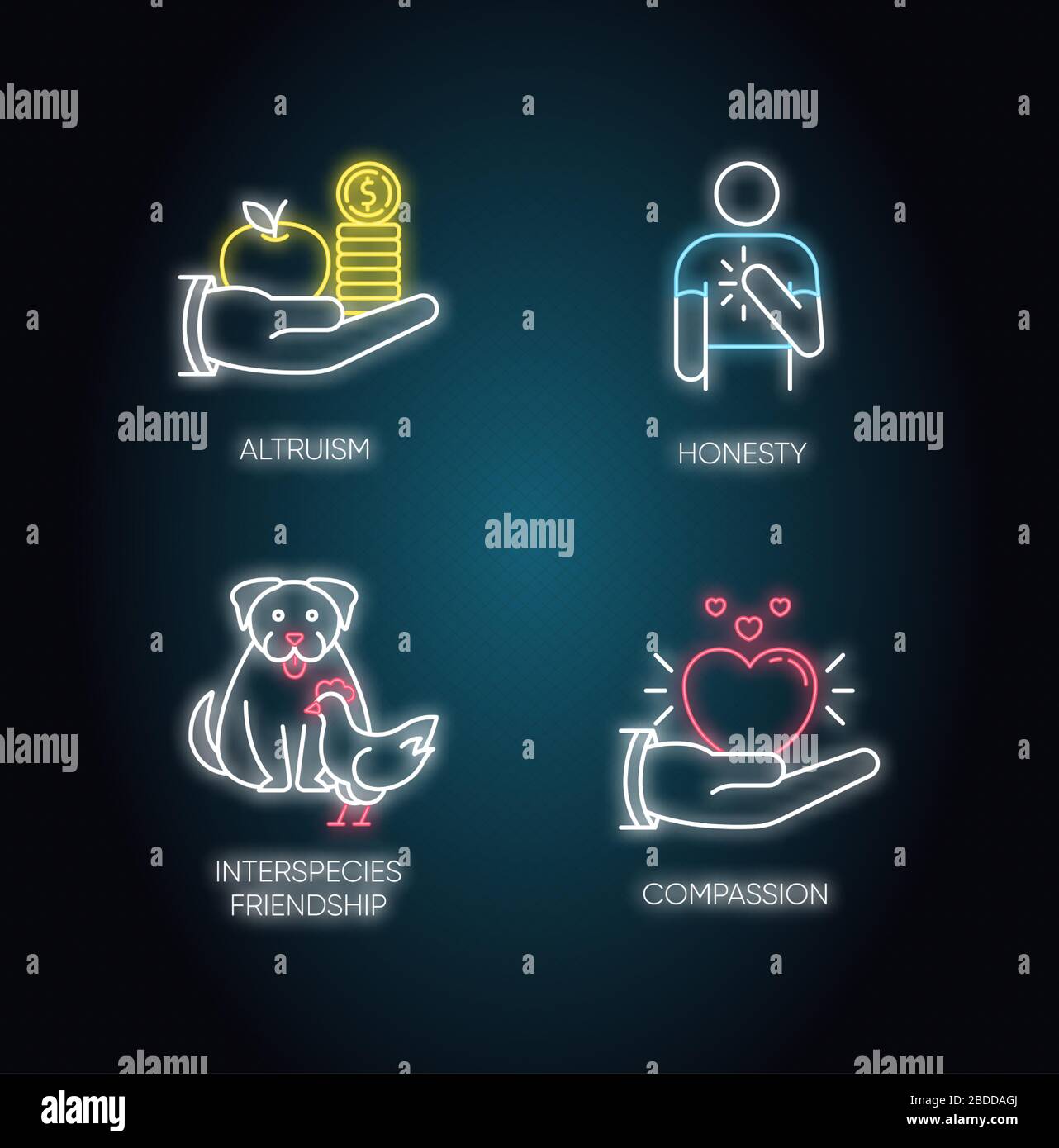 Friendly support neon light icons set. Signs with outer glowing effect ...