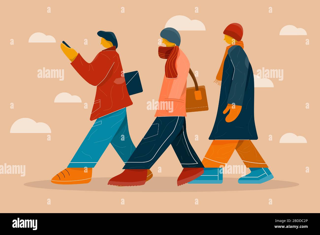 Three men in casual winter outfit walking outdoor. Character design ...