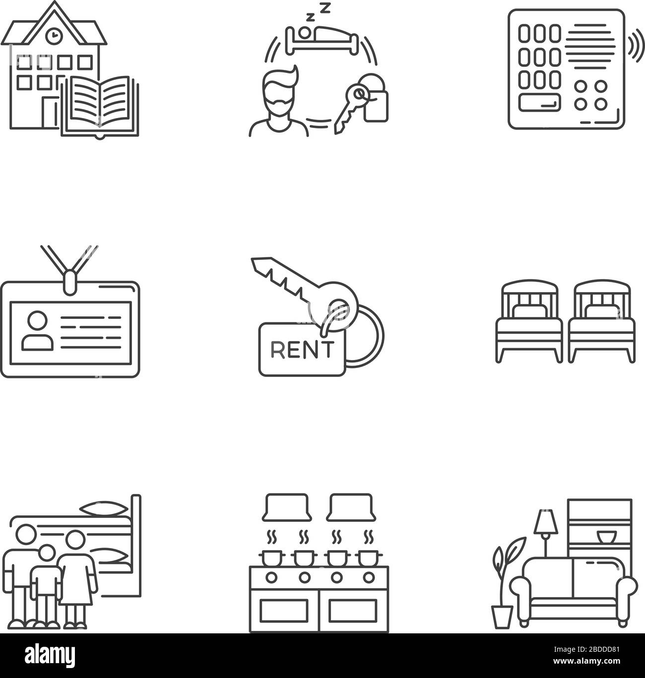 Renting pixel perfect linear icons set. Communal kitchen. Identity card ...