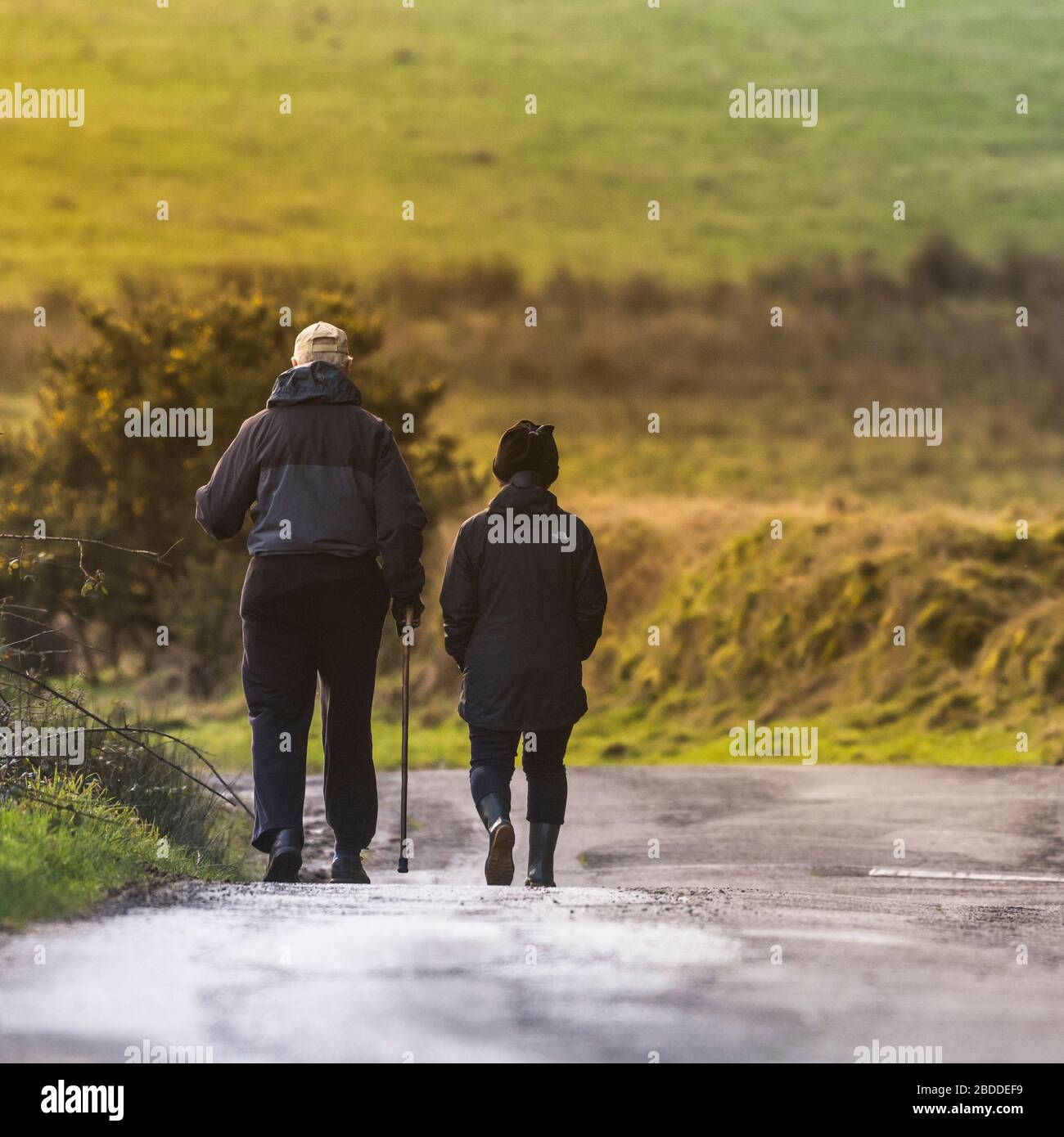A mature couple strolling along a country road in evening light in ...