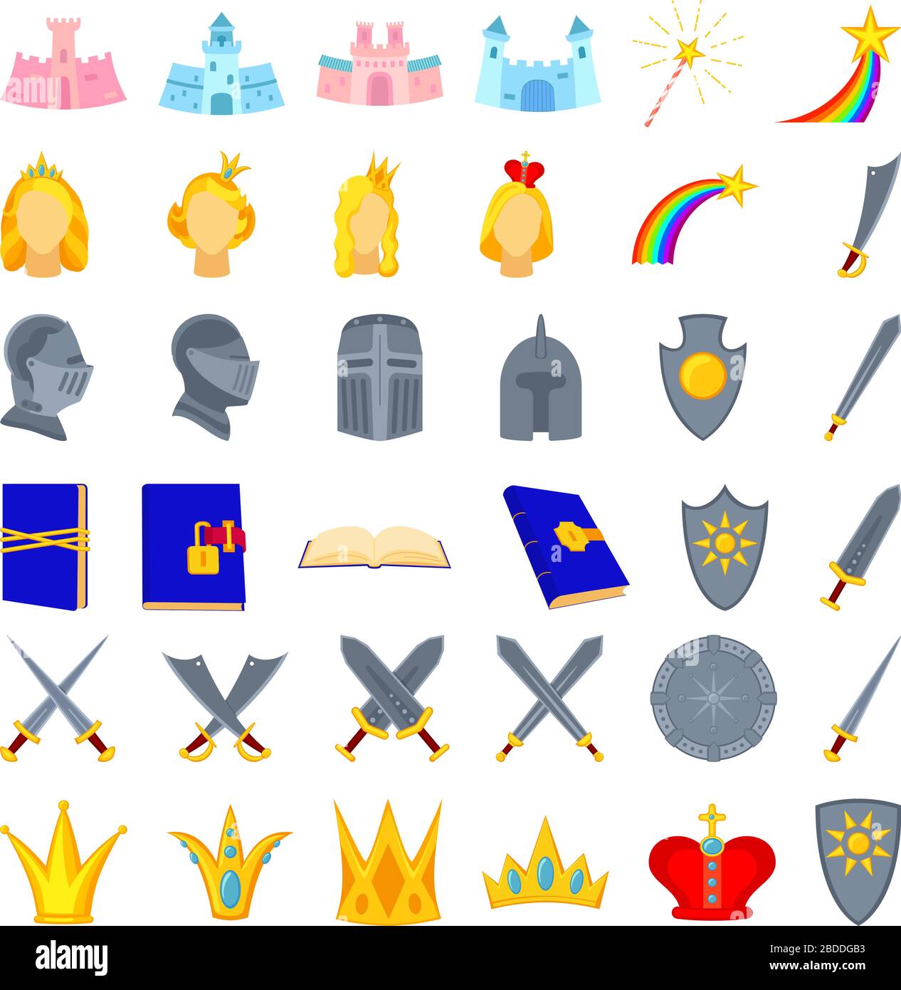 25 cartoon colorful fairytale elements. Medieval festival props. Fairy ...