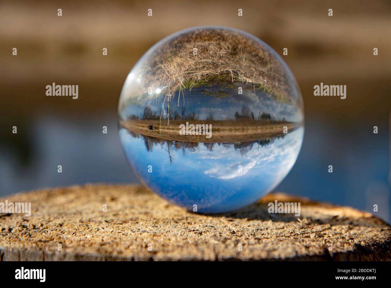 Inverted image of the river and its banks in a glass ball standing on a ...