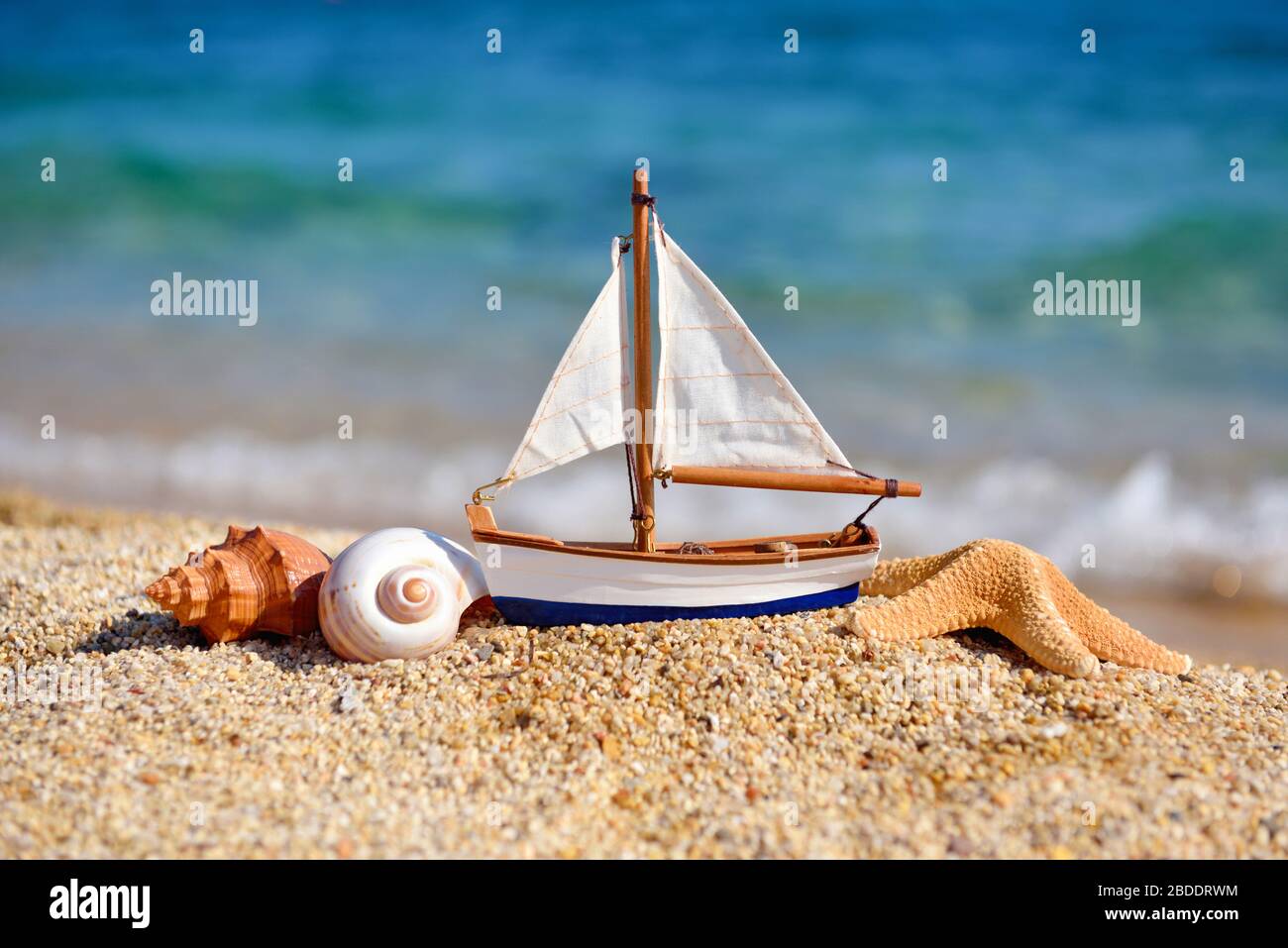 Shells sand beach sea sail boat hi-res stock photography and images - Alamy