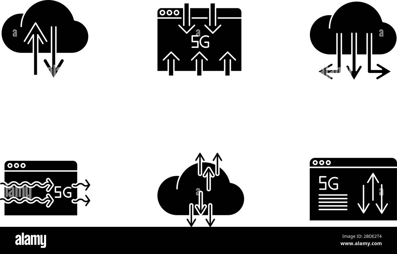 5G technology black glyph icons set on white space. Data transmission ...