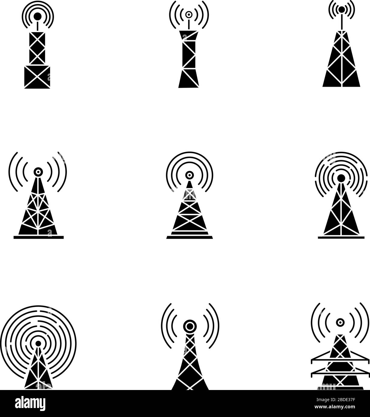 5G cell towers and antennas black glyph icons set on white space. Wireless technology. Fast ...