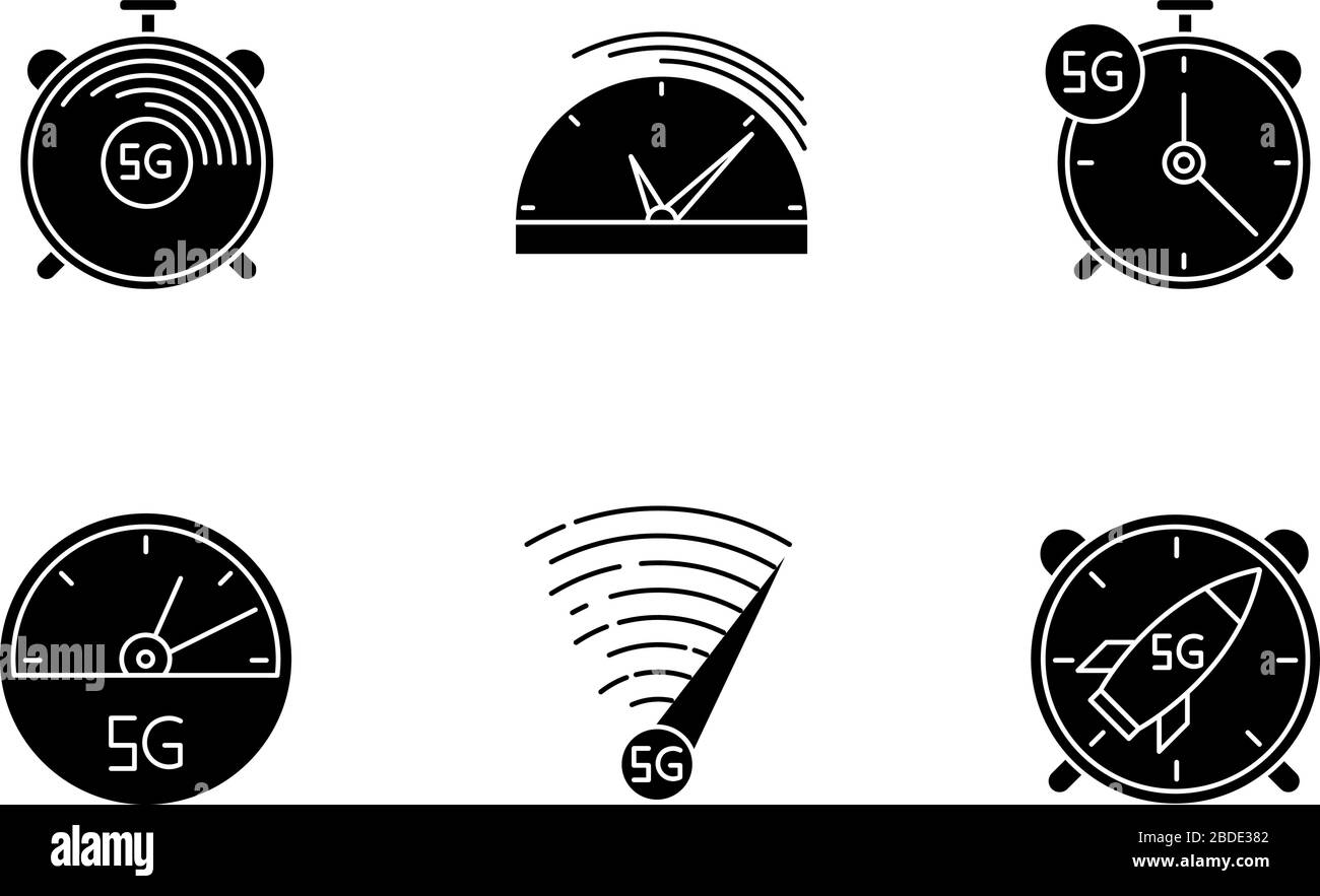 5G fast speed connection black glyph icons set on white space. Stop ...