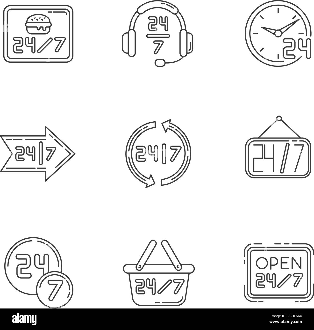 24 7 hour service pixel perfect linear icons set. Around the clock ...