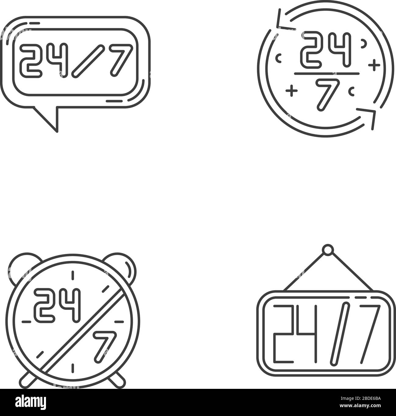 24 7 hour service pixel perfect linear icons set. Online all day ...