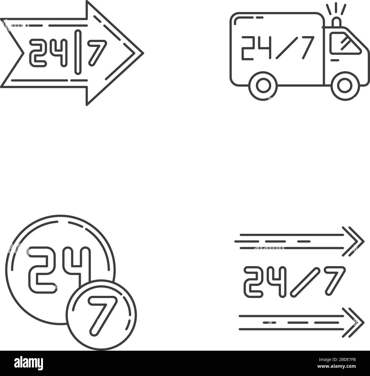 24 7 hour service pixel perfect linear icons set. Available delivery ...