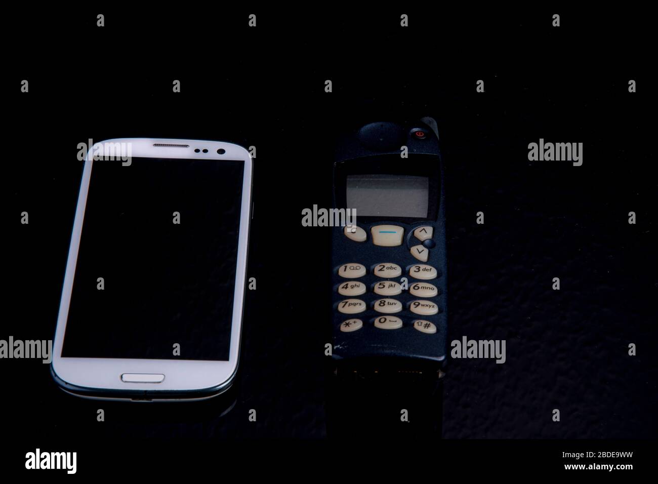 Three mobile phone generations side by side from old to smartphone ...