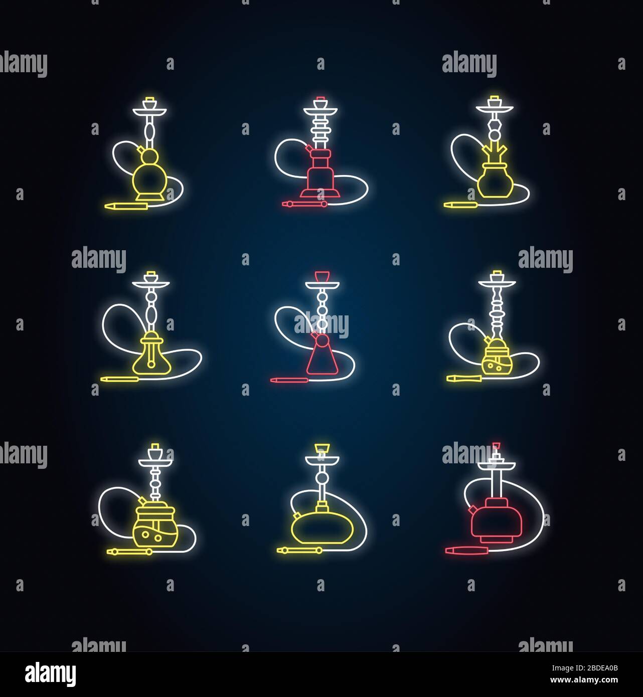 Hookah neon light icons set. Shisha with wire. Sheesha house. Nargile ...