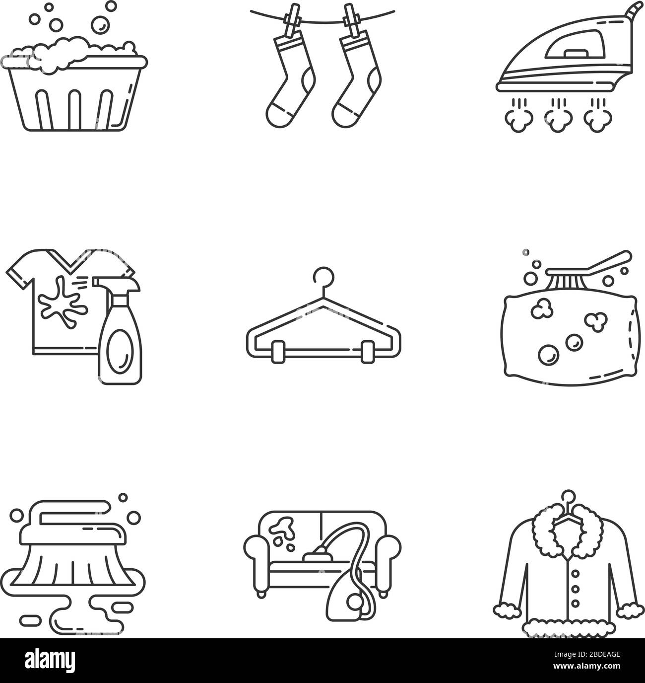 Washing clothes pixel perfect linear icons set. Washateria, coin ...