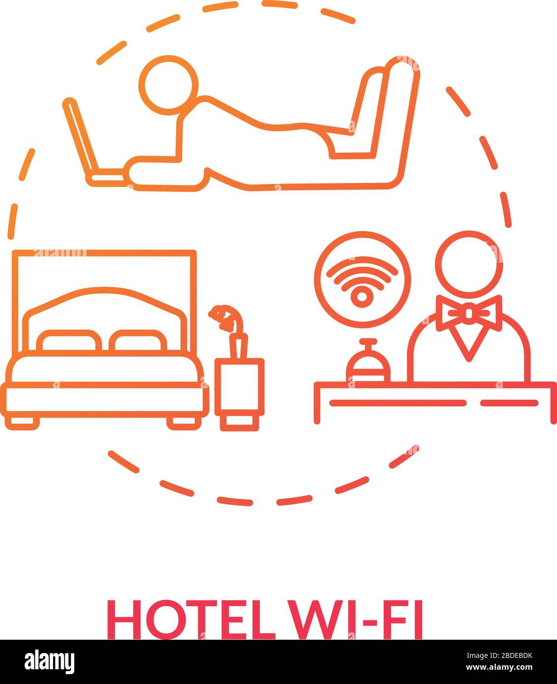 Hotel wi-fi red concept icon. Get room signal with laptop. Free network ...