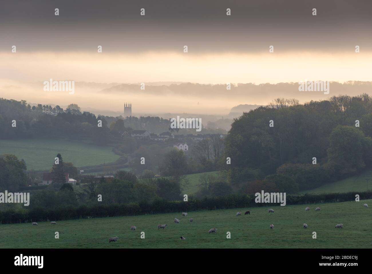 Morning mist at sunrise over the City of Wells viewed from Ebbor Gorge ...