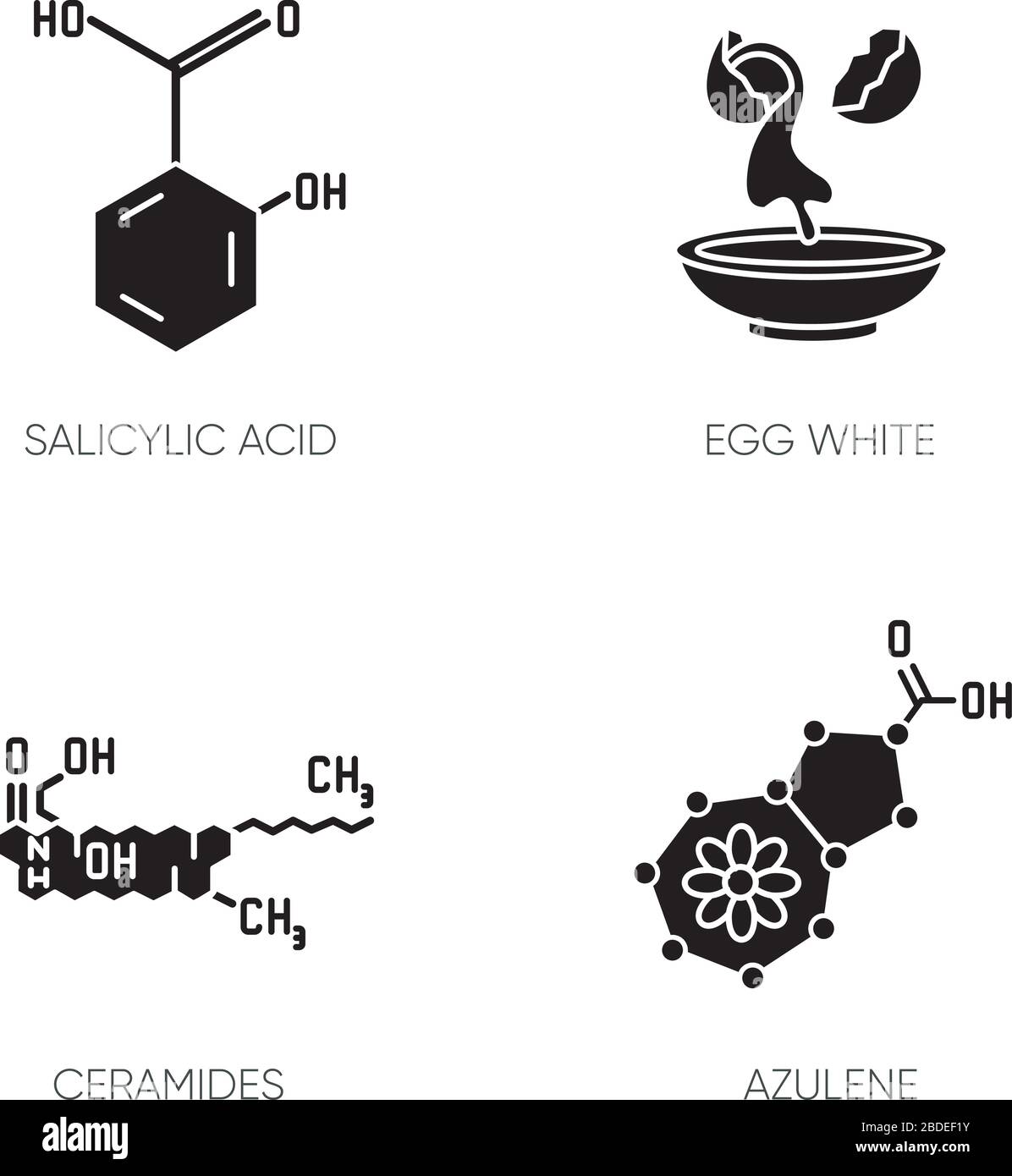 Cosmetic ingredient black glyph icons set on white space. Salicylic ...