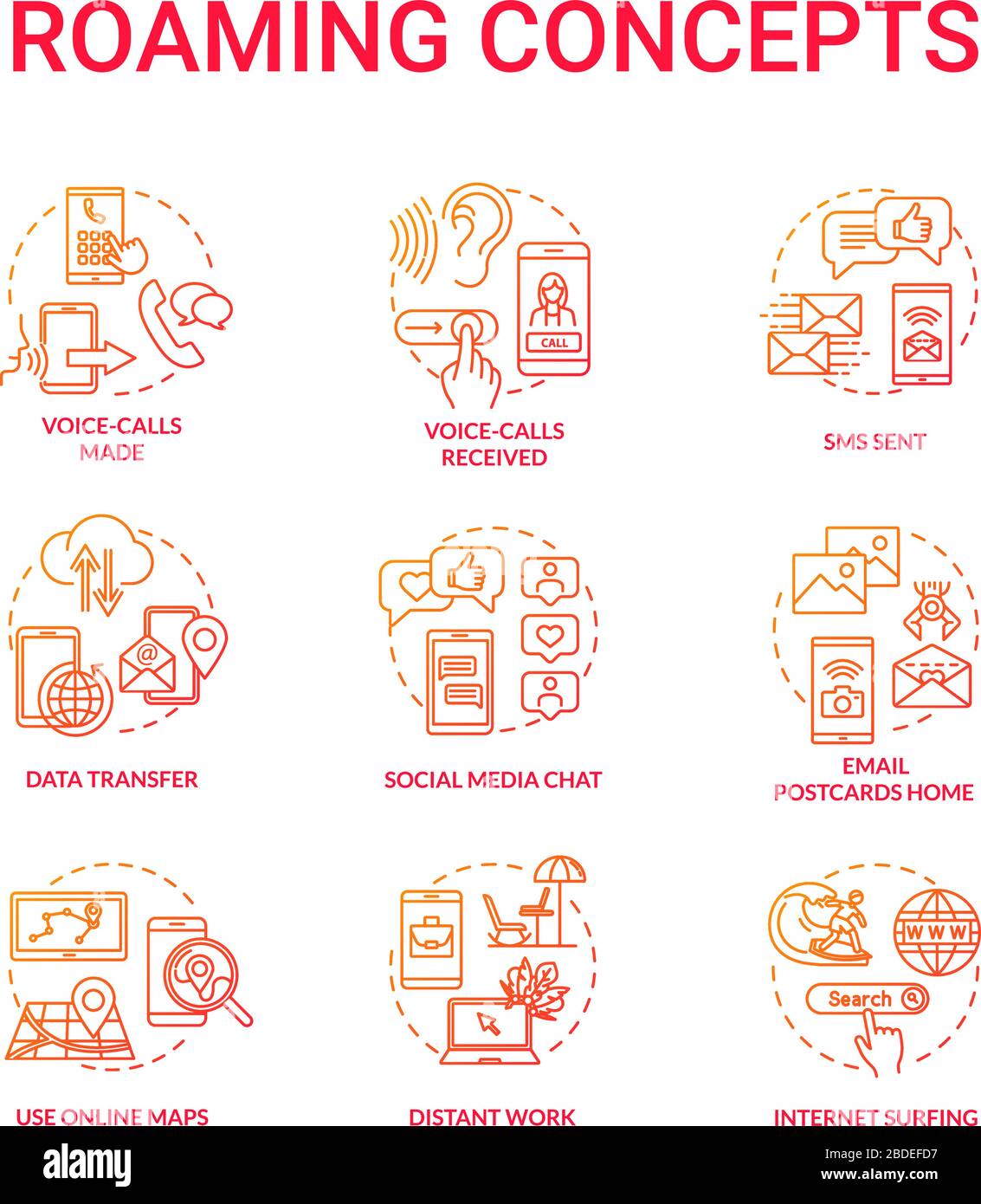 Roaming red concept icons set. Surfing network. Data transfer. Incoming ...