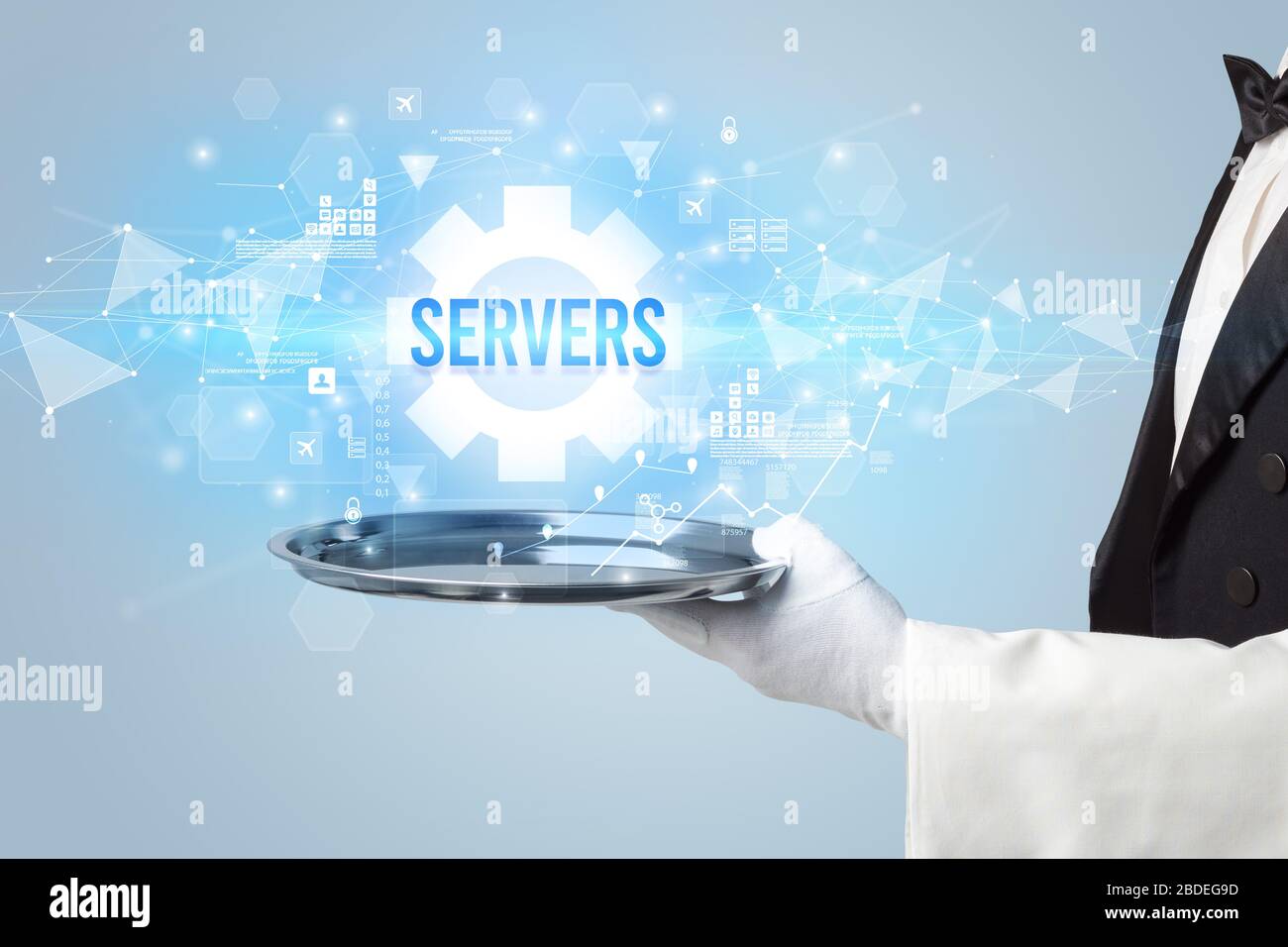 Waiter serving new technology concept with SERVERS inscription Stock ...
