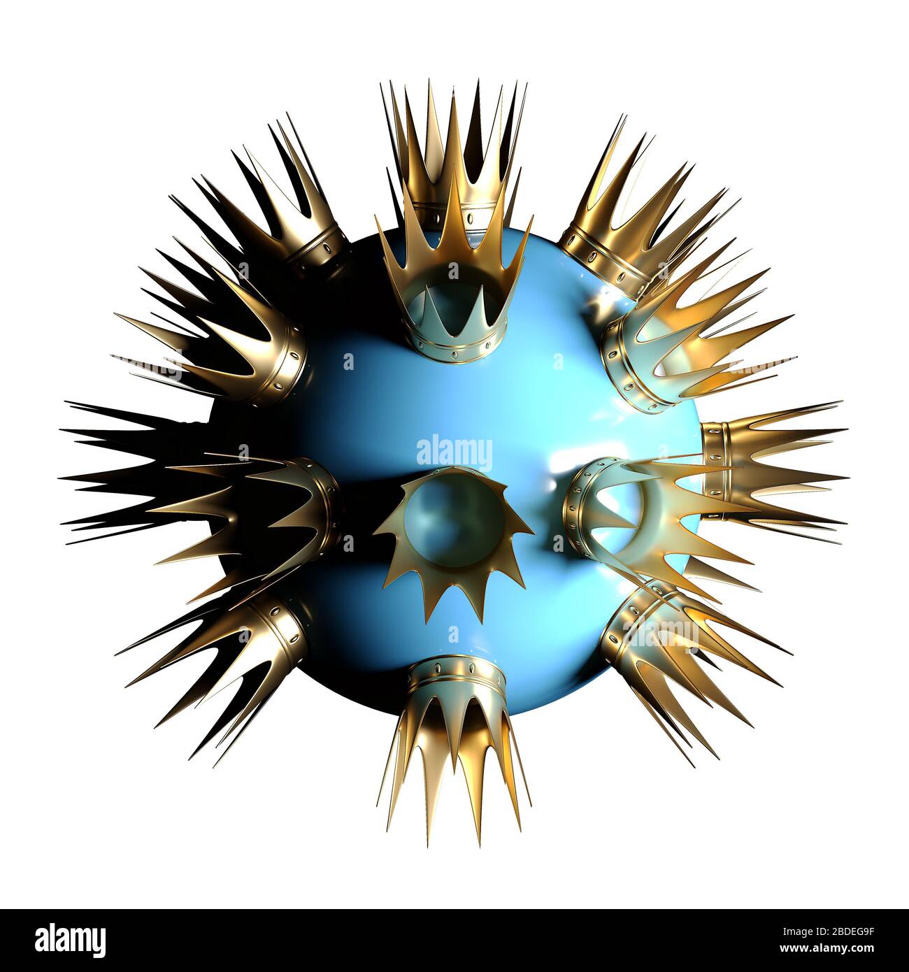 Gold crowns are scattered on a blue round ball on a white background ...