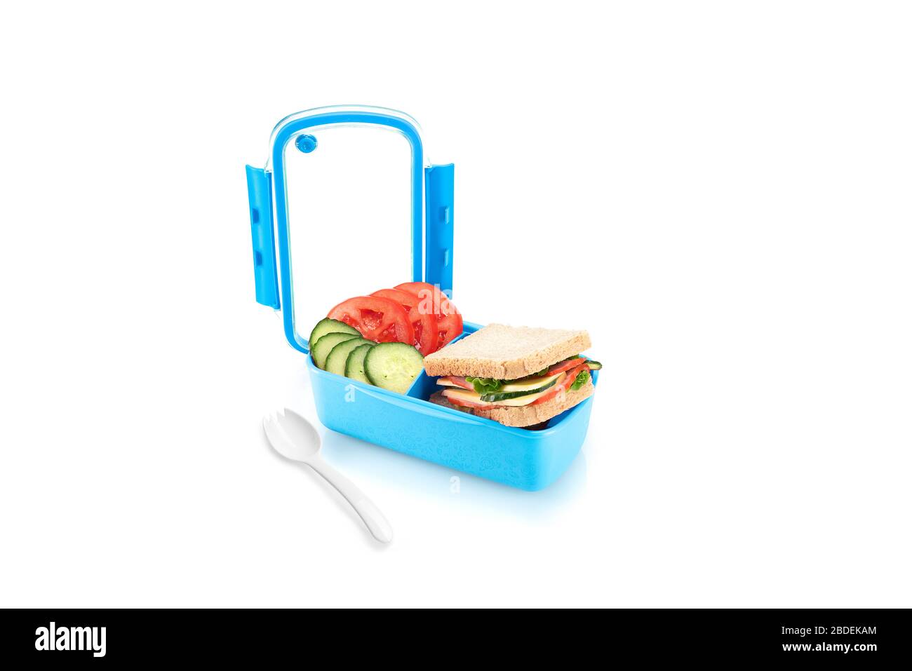 Healthy blue lunch box with sandwiches and fruits for kids. With a ...