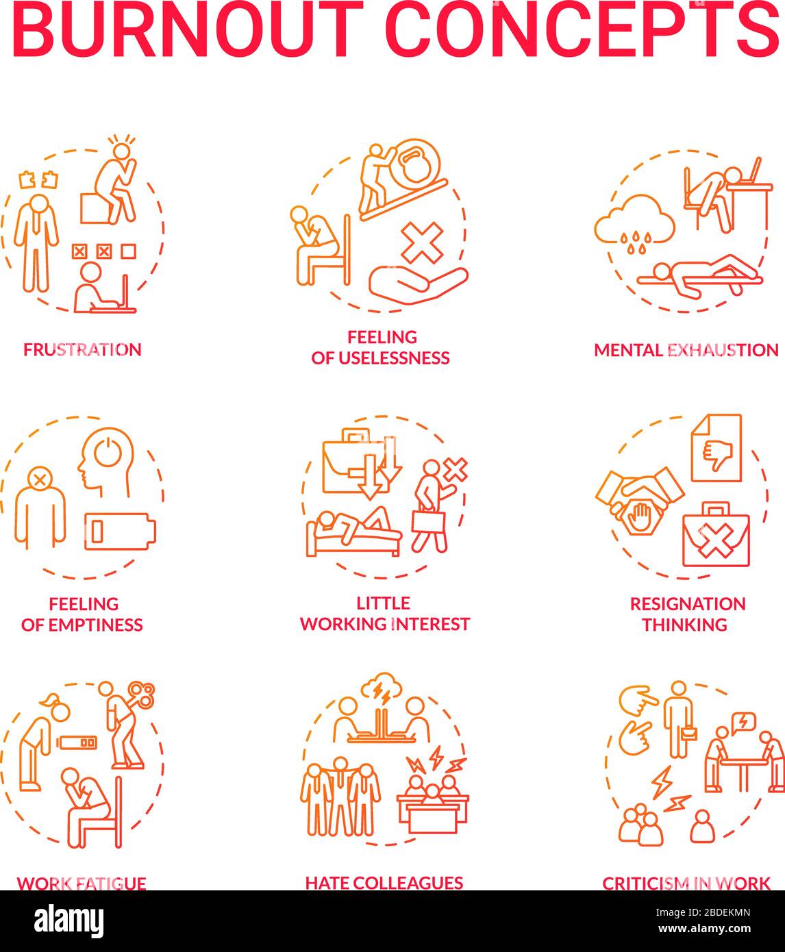 Burnout red concept icons set. Work fatigue. Conflict with colleagues. Mental exhaustion. Little ...