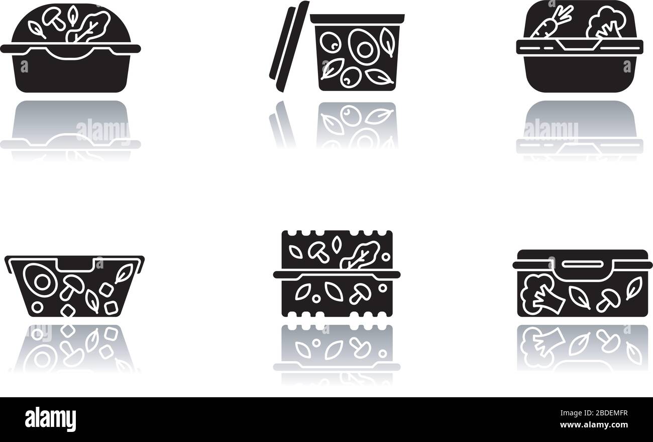 Plastic salad containers drop shadow black glyph icons set. Reusable ...