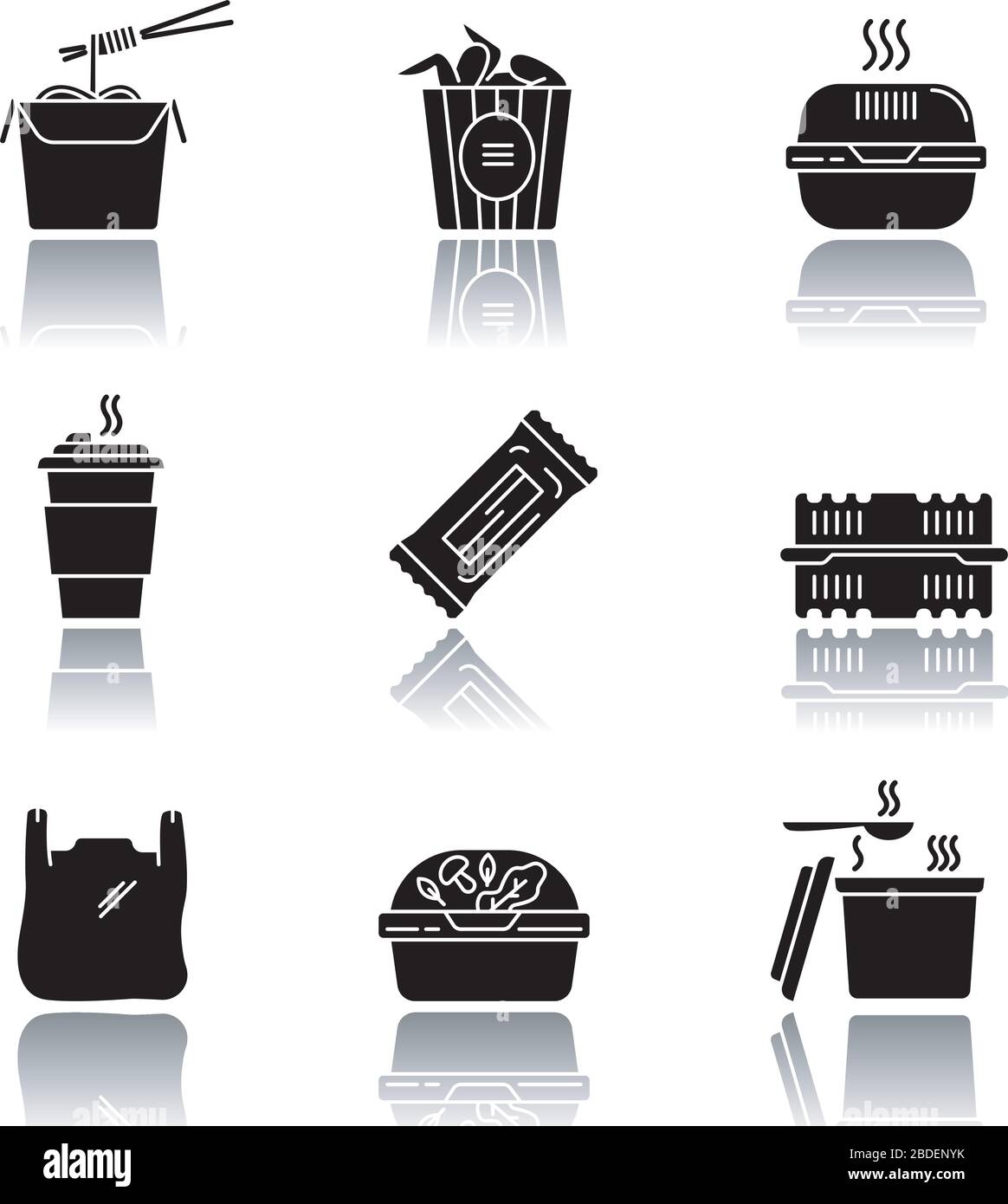 Takeaway food packages drop shadow black glyph icons set. Noodles ...