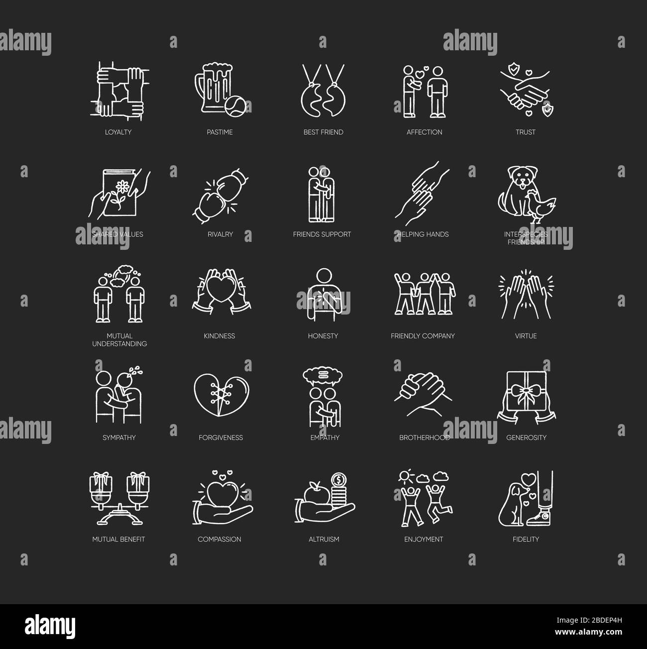 Friendly relationship chalk white icons set on black background ...