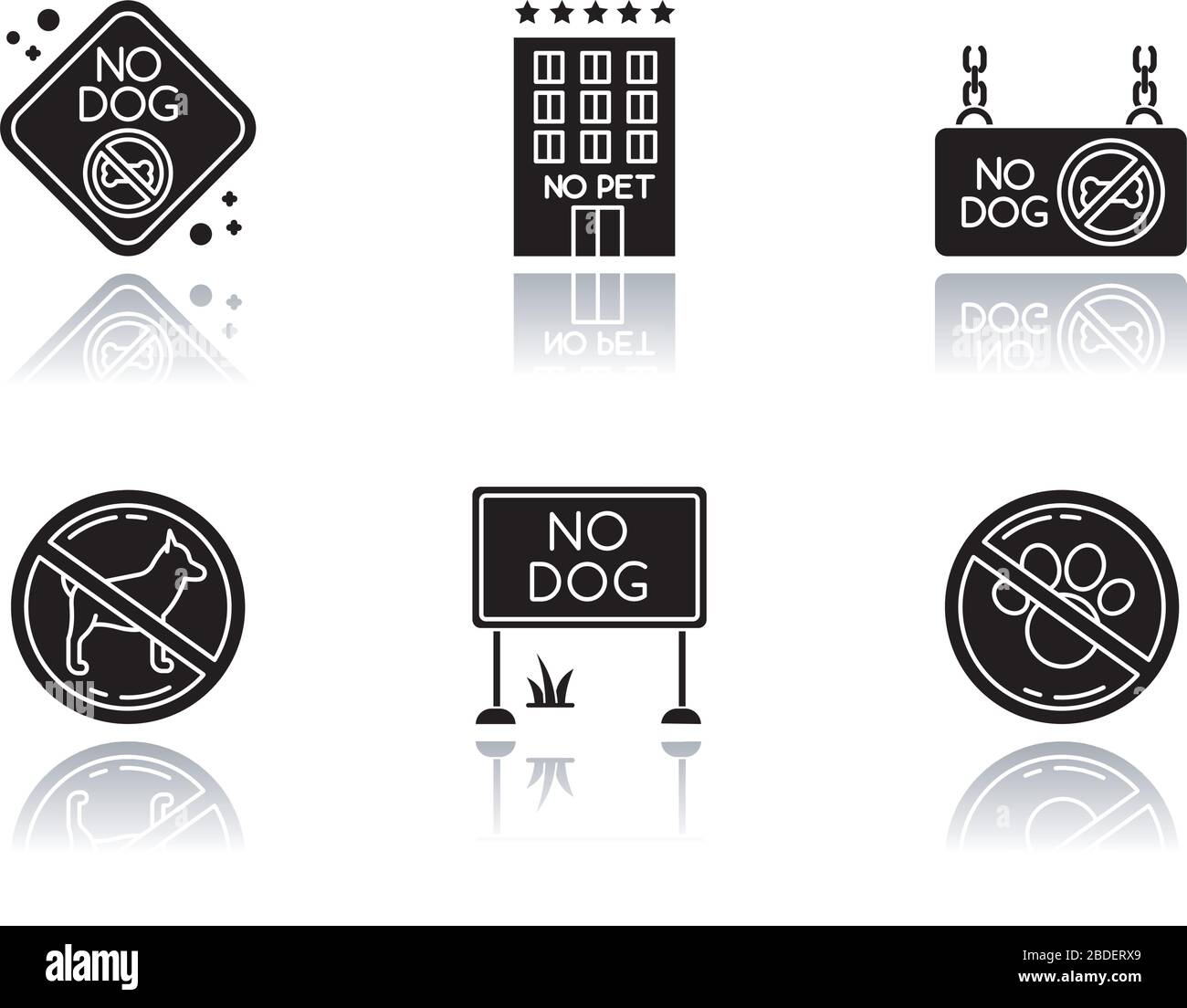 Pet not allowed emblems drop shadow black glyph icons set. Four-legged ...