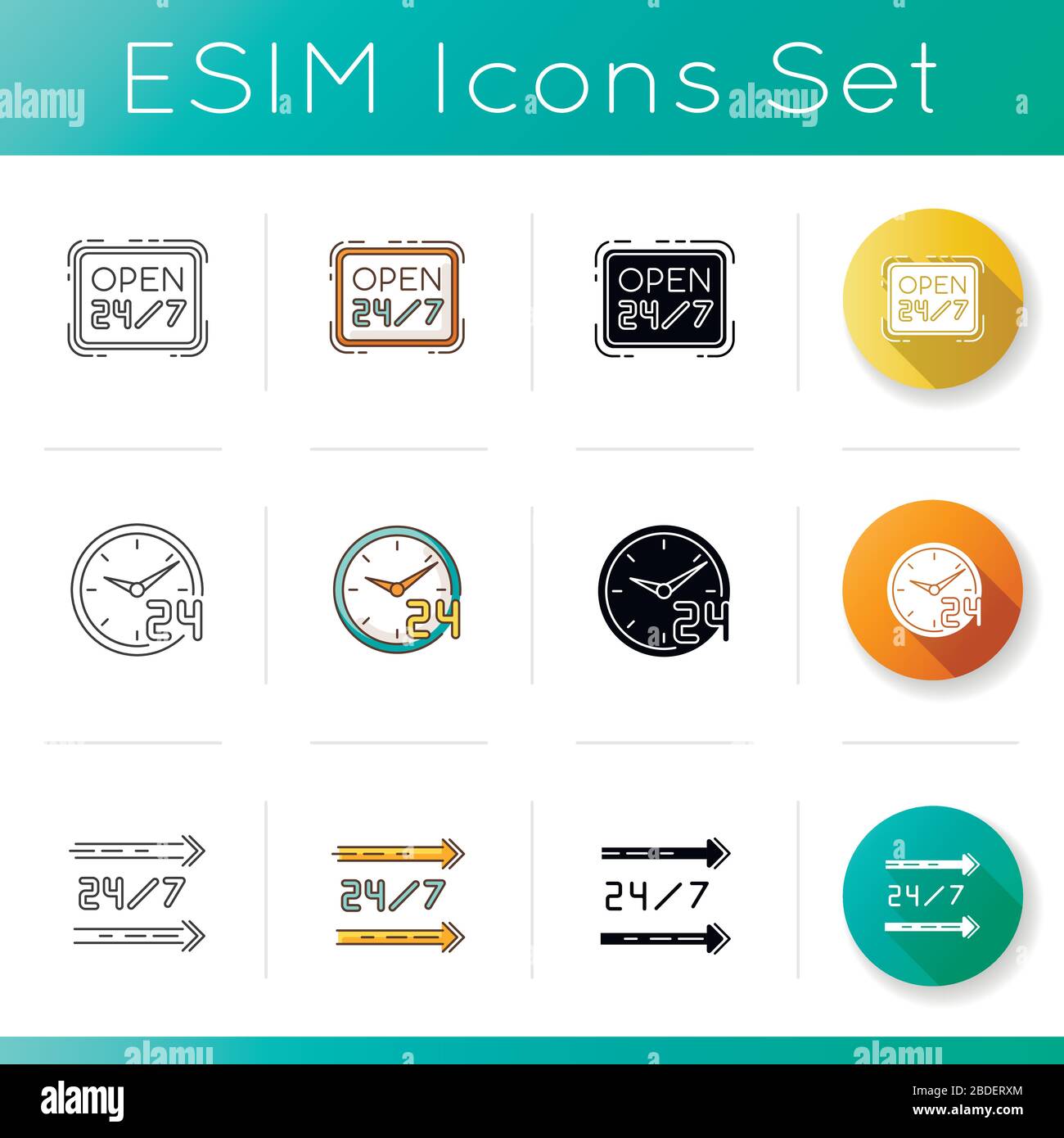 24 7 hour service icons set. Twenty four seven store. Hanging retail ...