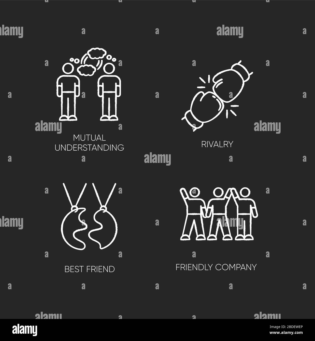 Friendship types chalk white icons set on black background. Mutual ...