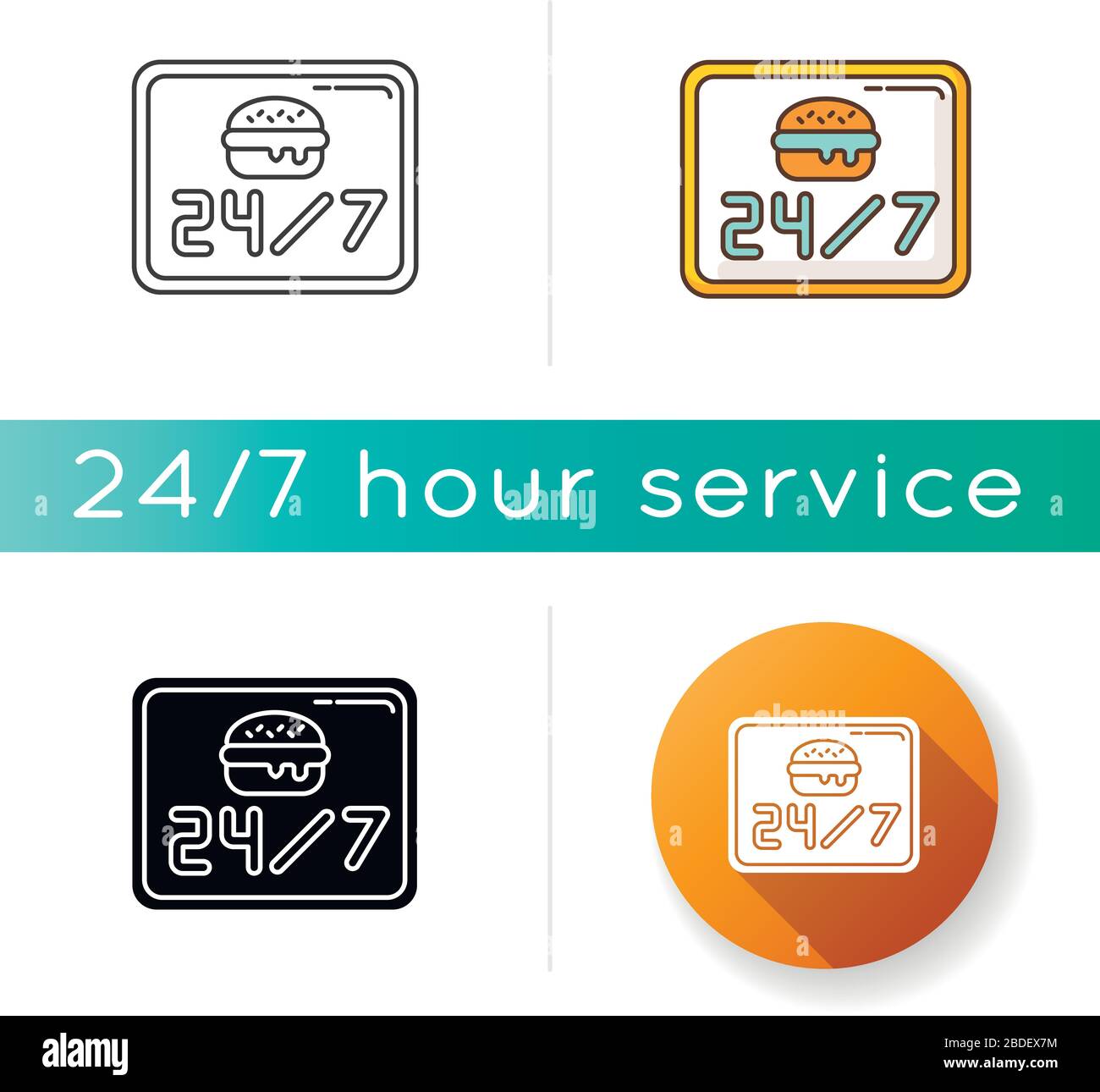 24 7 open burger joint icon. Twenty four seven cantine. Everyday eatery ...
